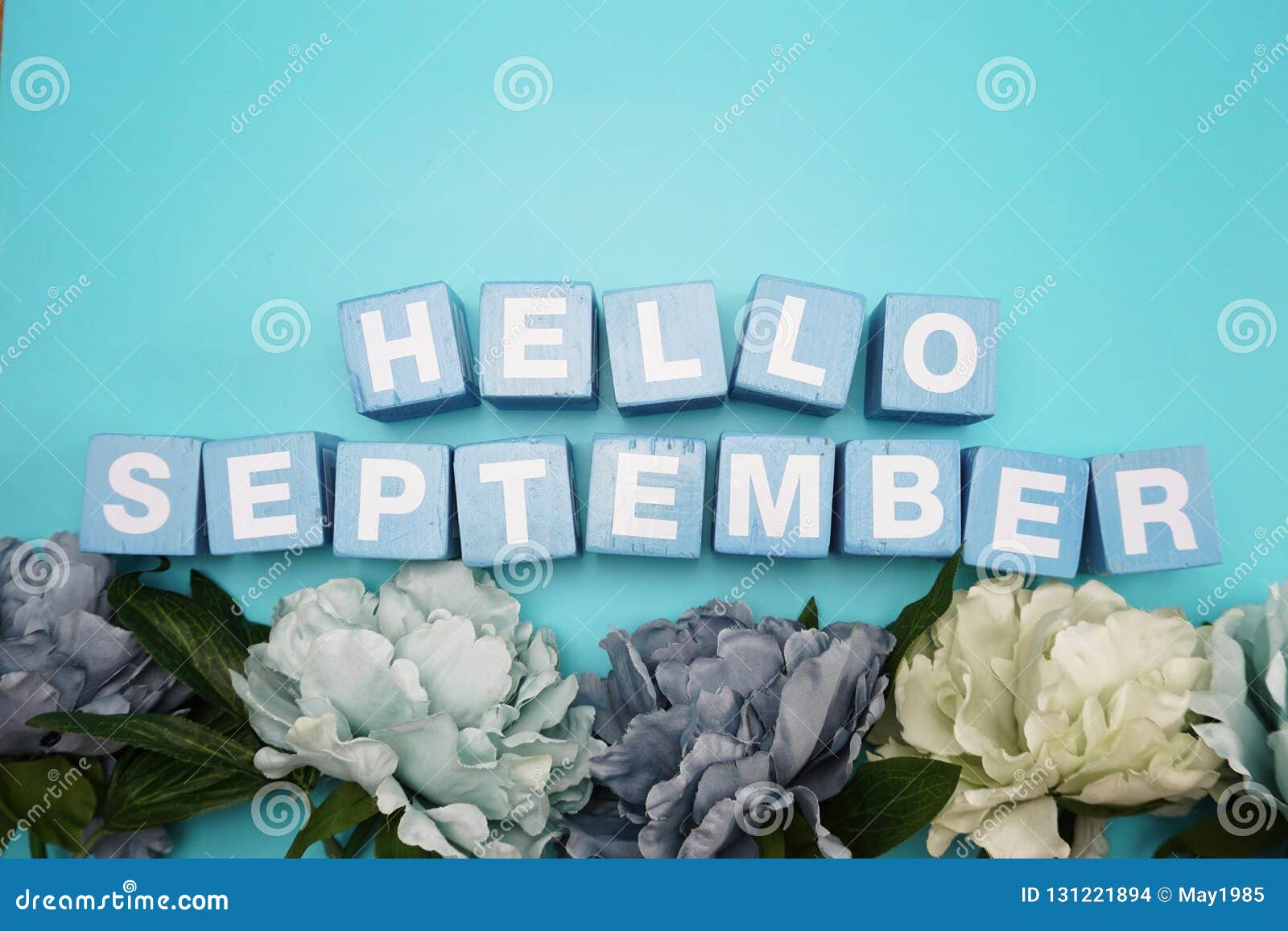 Hello September Alphabet Letters with Flower Bouquet on Blue Background ...