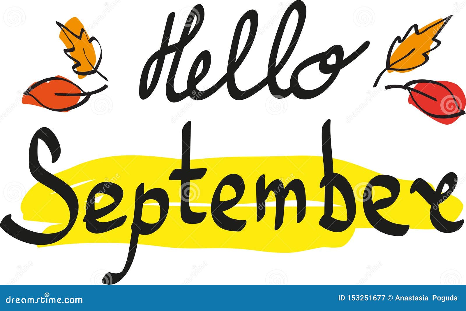 Hello September Hand Drawing Text Poster with Leaves. Vector for Cards ...