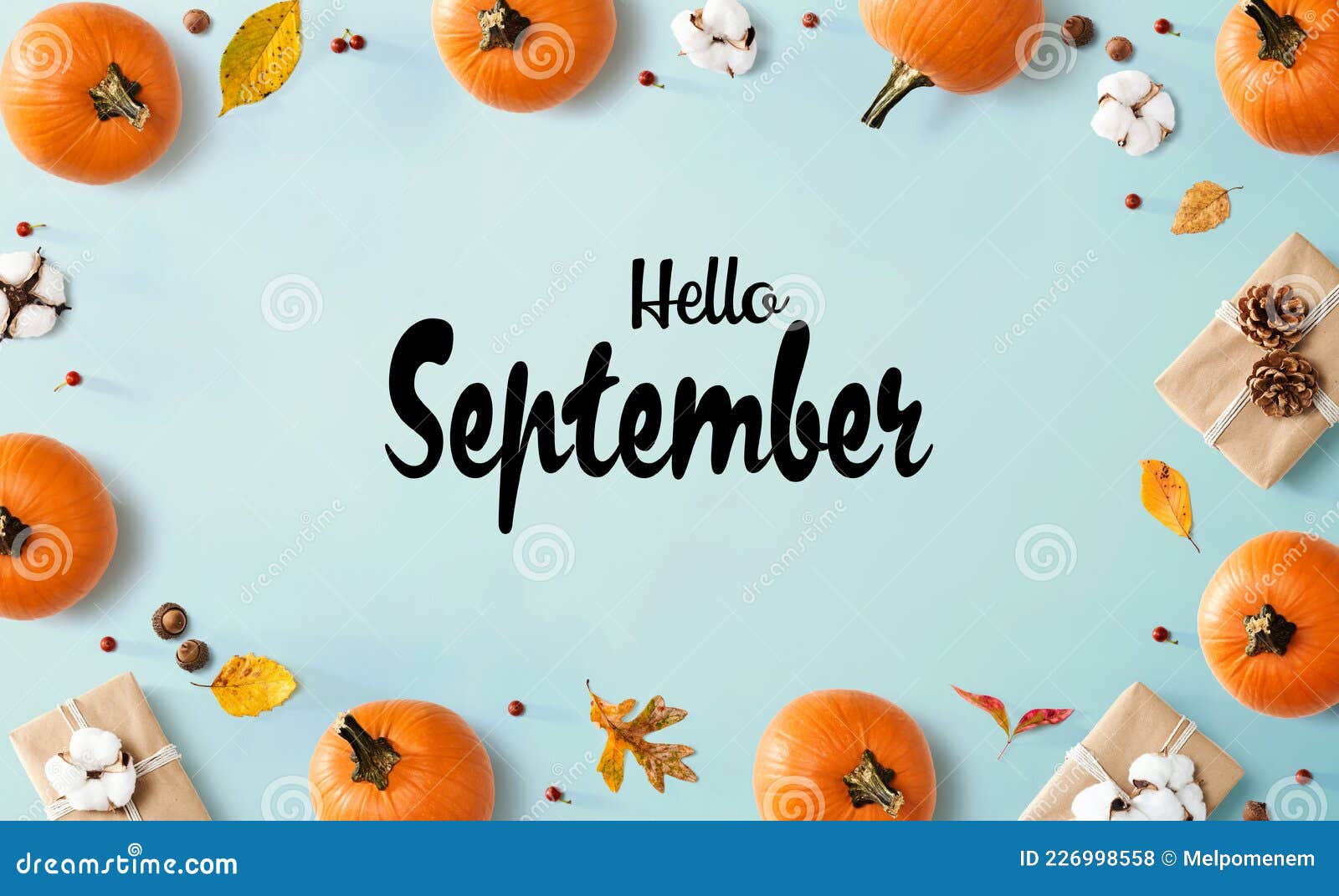 Hello September Message with Autumn Pumpkins with Present Boxes Stock ...