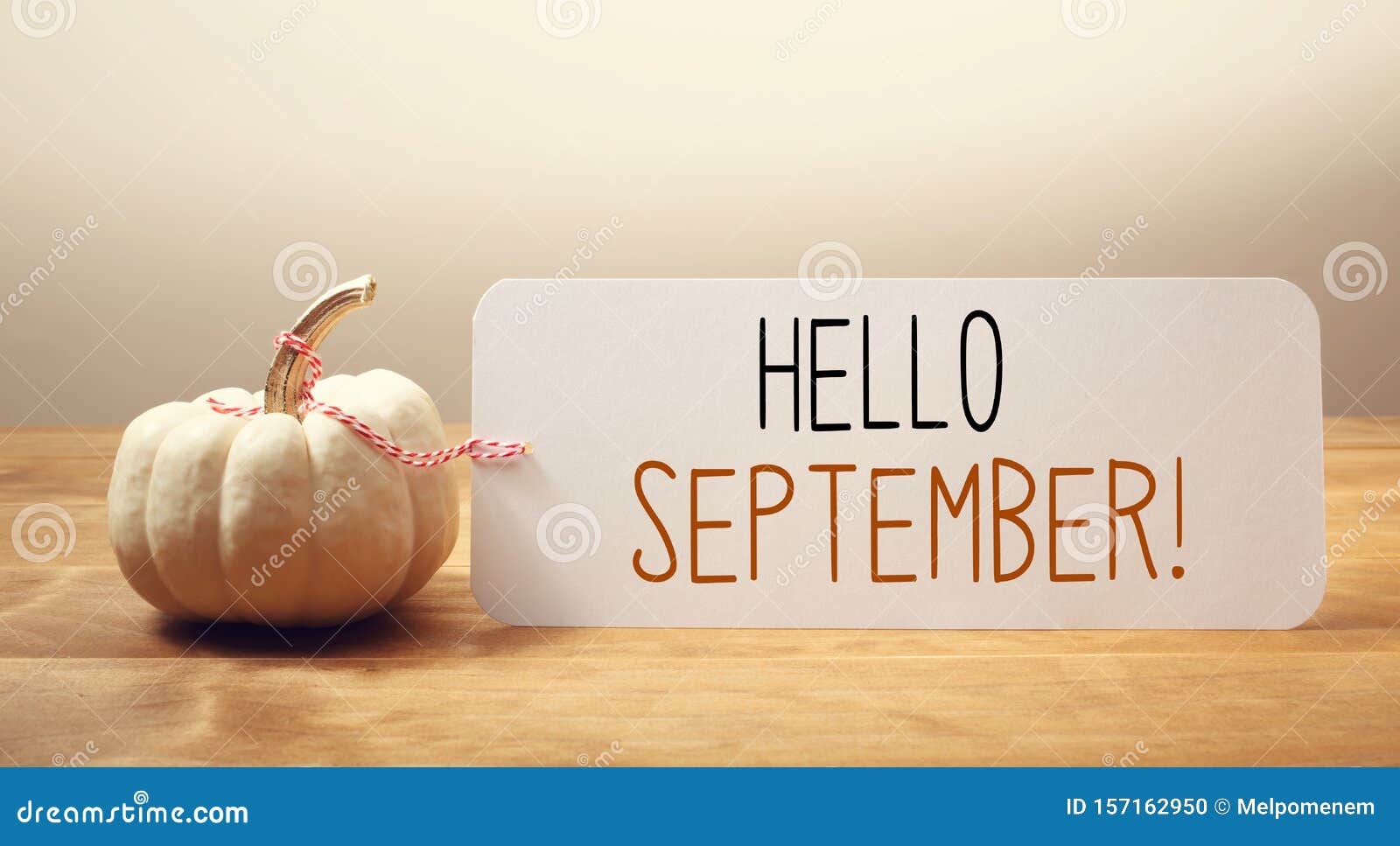 Hello September Message with a Small Pumpkin Stock Photo - Image of ...
