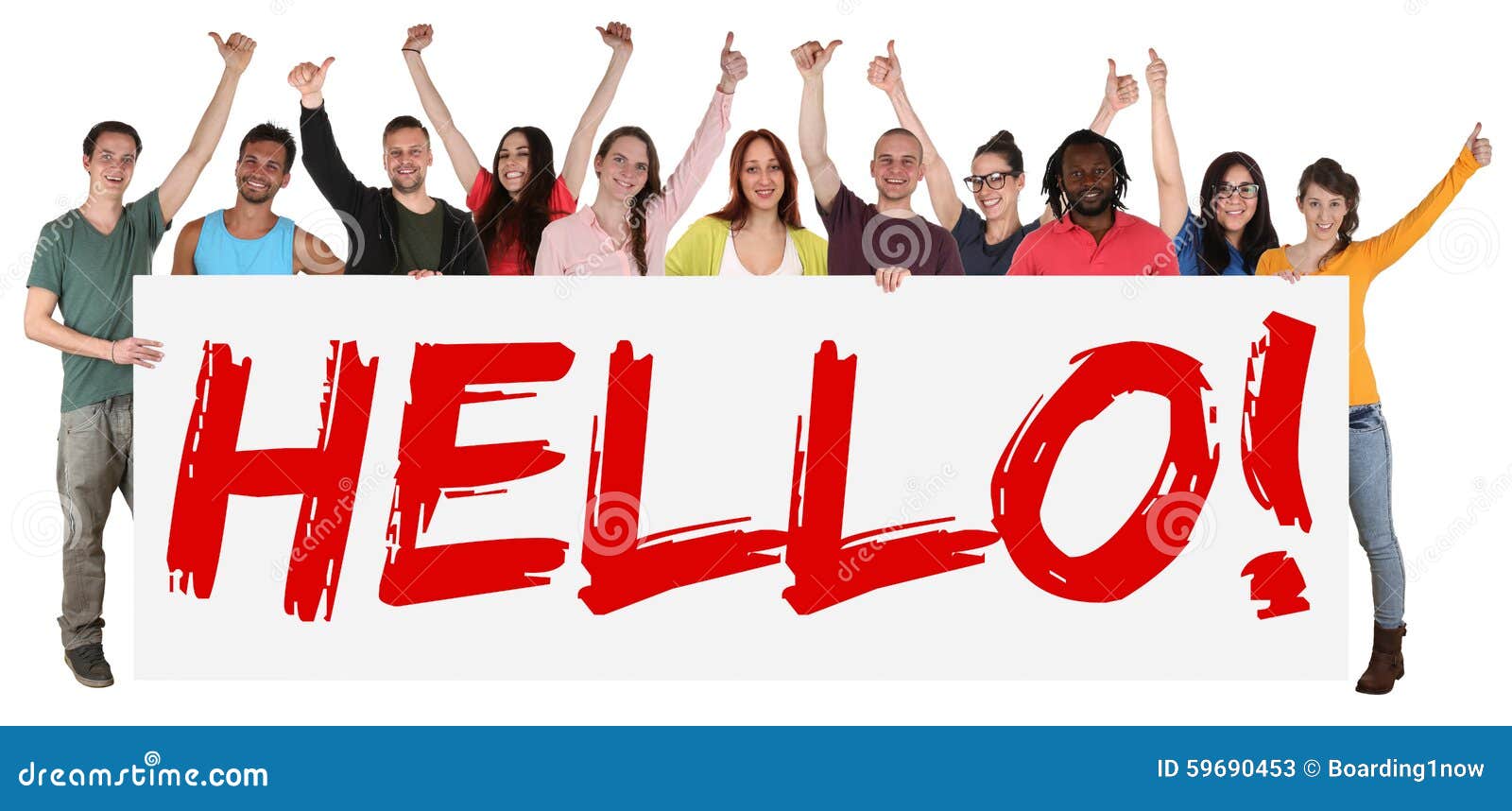 Hello Sign Group of Young Multi Ethnic People Holding Banner Stock ...