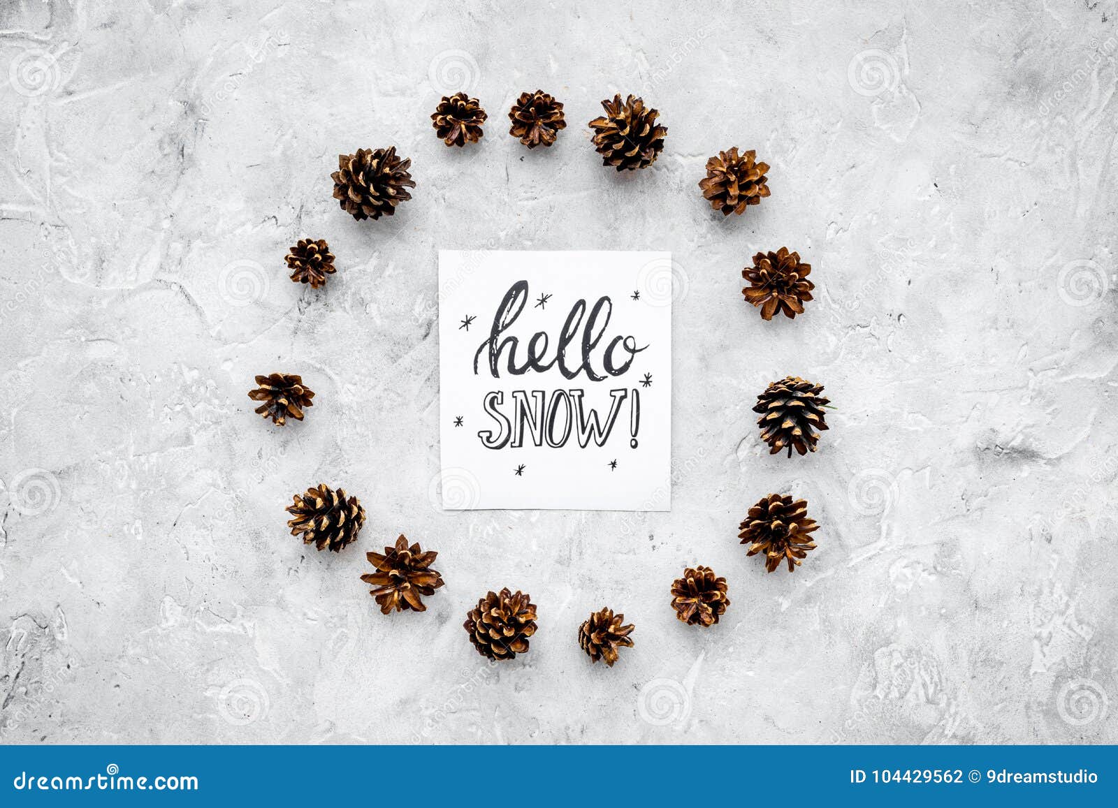 Hello Snow Hand Lettering. Winter Pattern with Pinecones on Grey ...