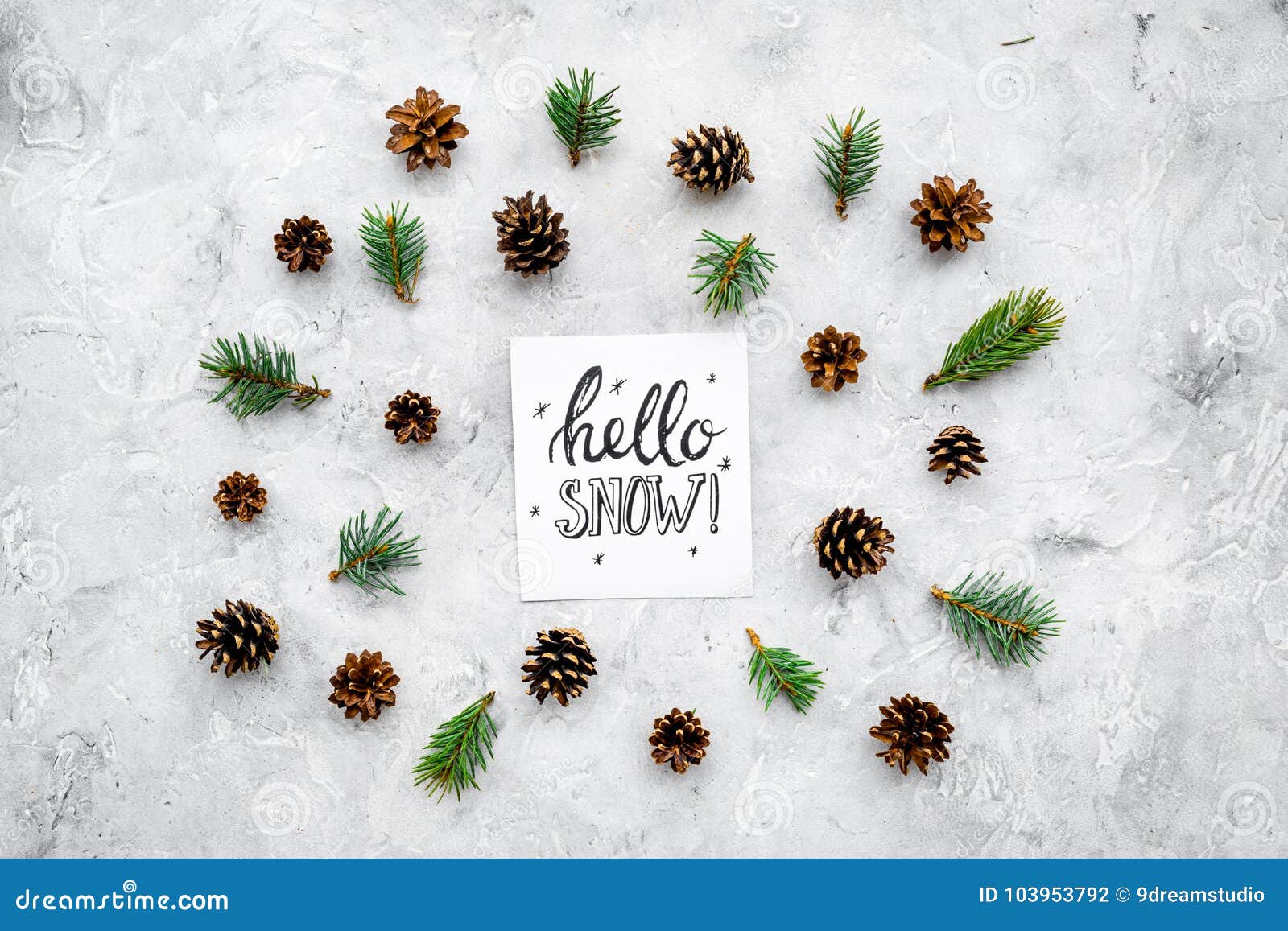 Hello Snow Hand Lettering. Winter Pattern with Pinecones and Spruce ...