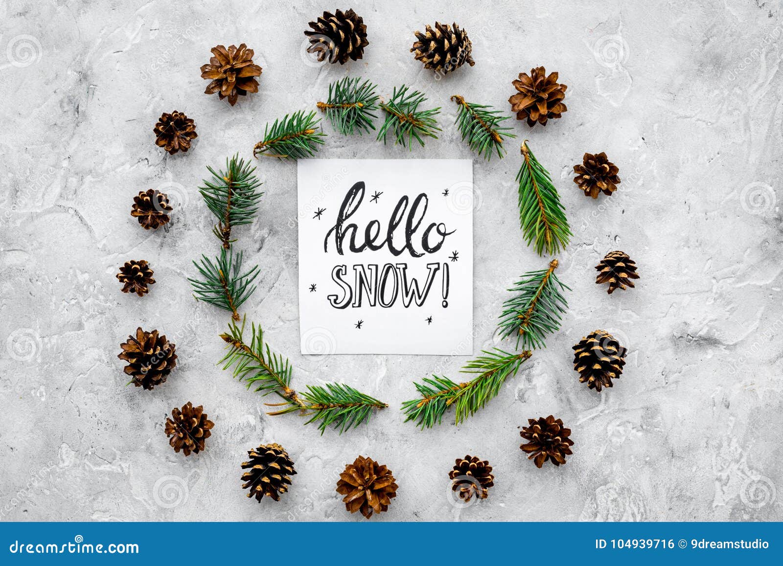Hello Snow Hand Lettering. Winter Pattern with Pinecones and Spruce ...