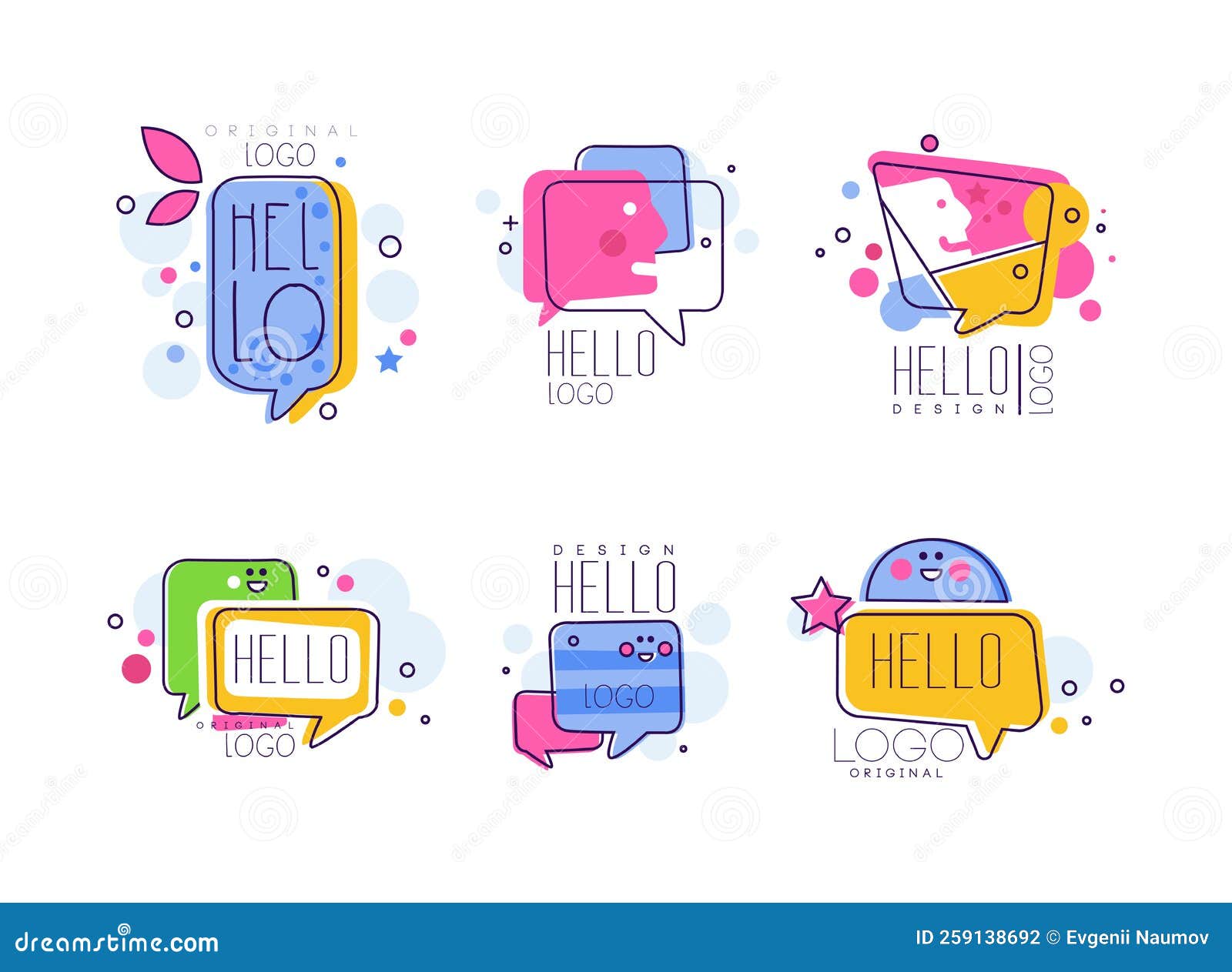 Hello Speech Bubble Logo Design with Smile and Face Vector Set Stock ...