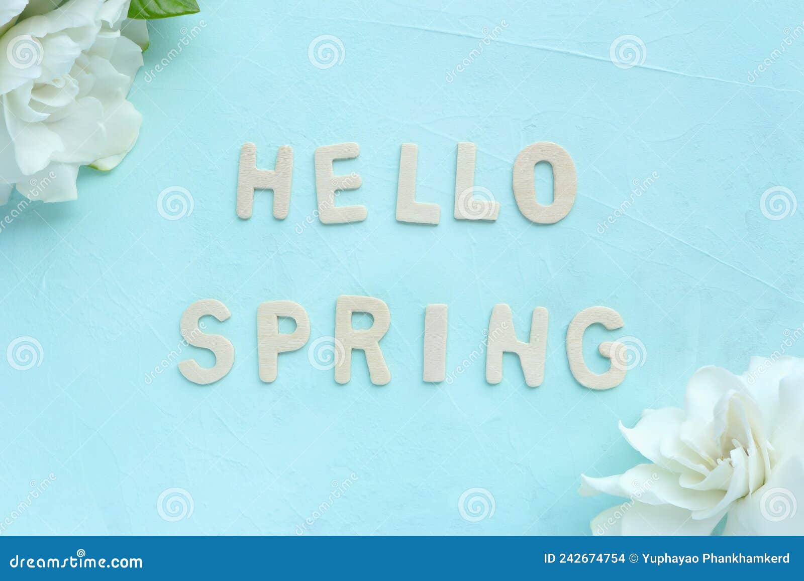 Hello Spring Alphabet Letters and Beautiful White Flowers on Light Blue ...