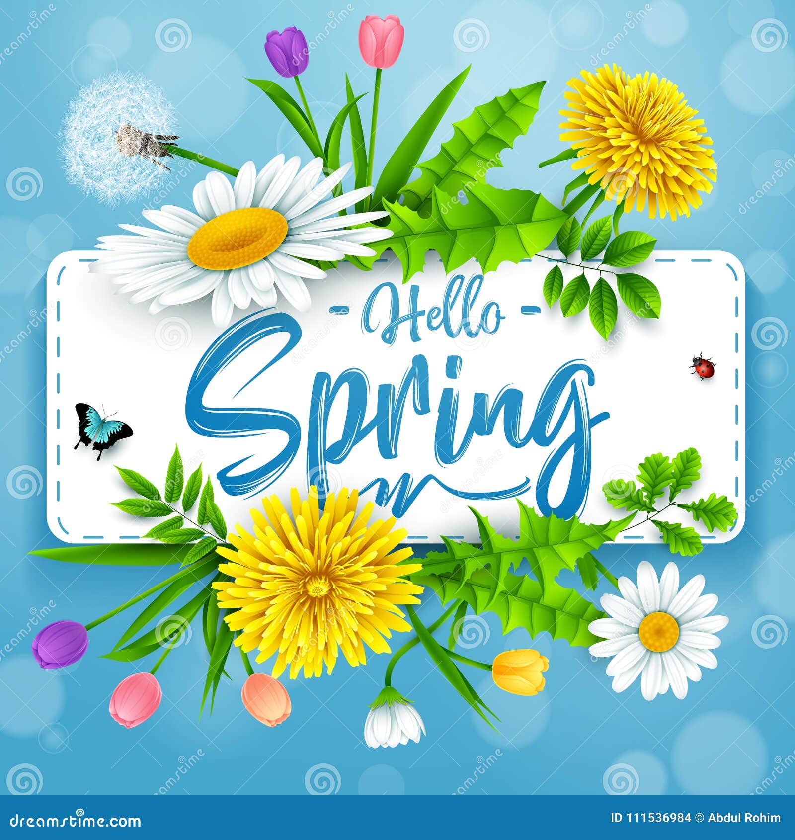 Hello Spring Background with Beautiful Flower and Insects on Blue ...