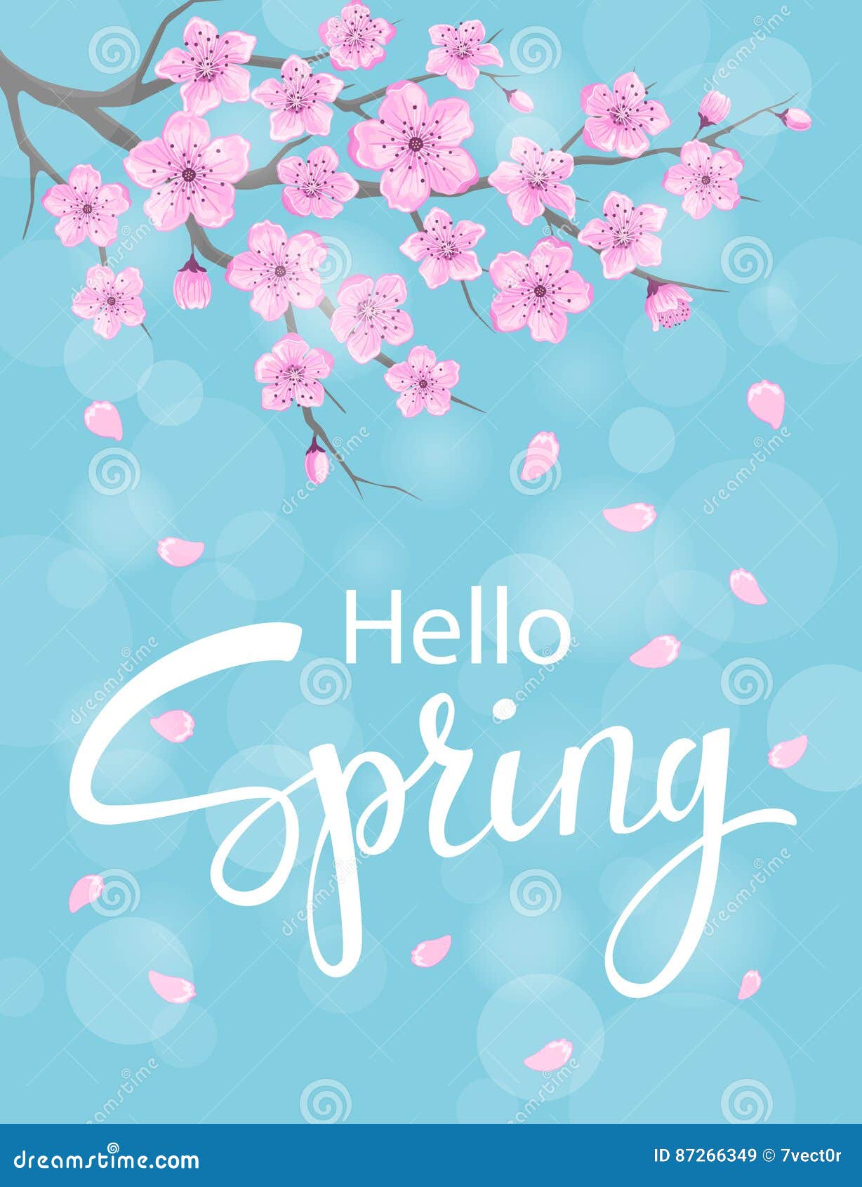 Hello Spring Background with Cherry Blossoms Flowers Stock Illustration ...