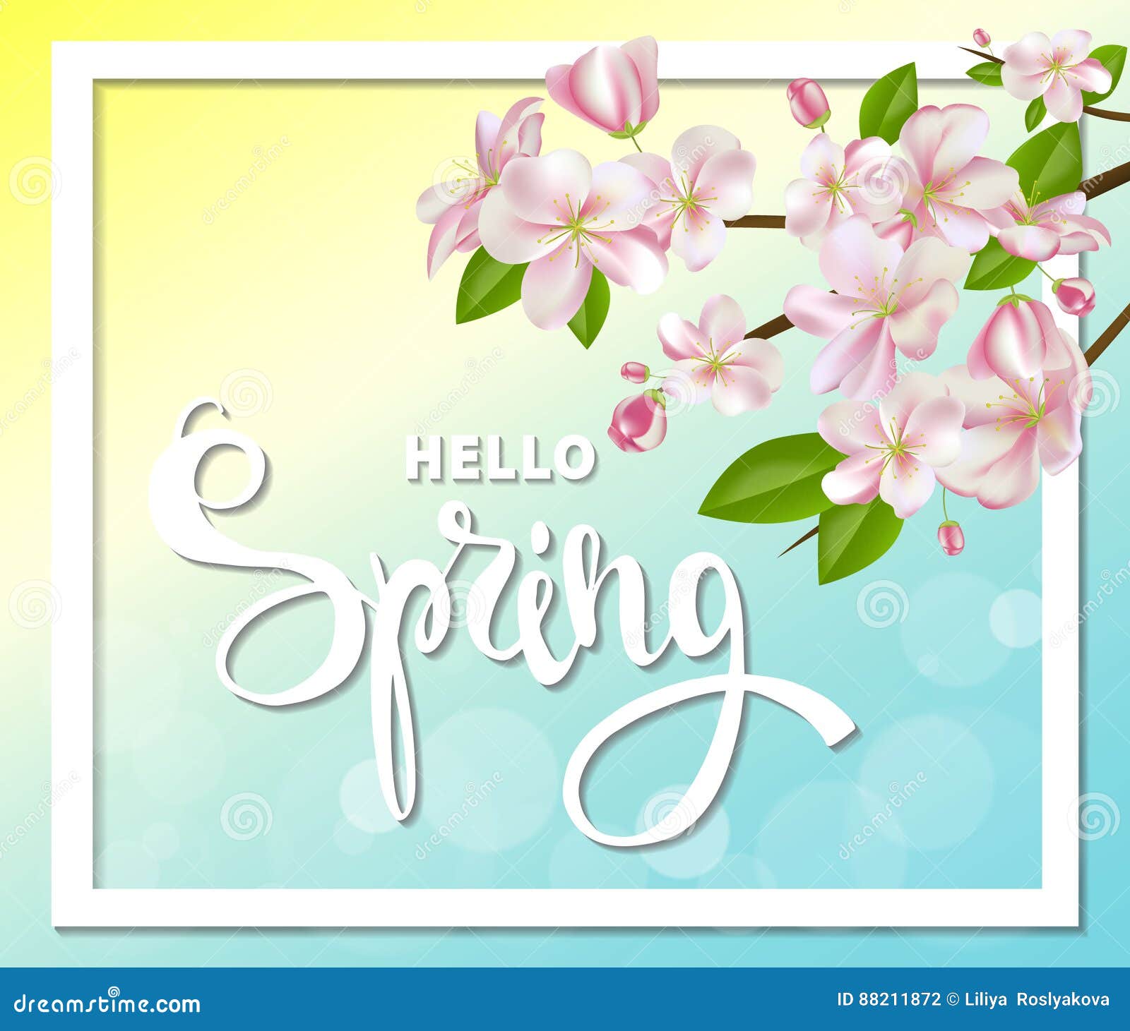 Hello Spring Background with Cherry Blossoms, Leaves and Branches ...