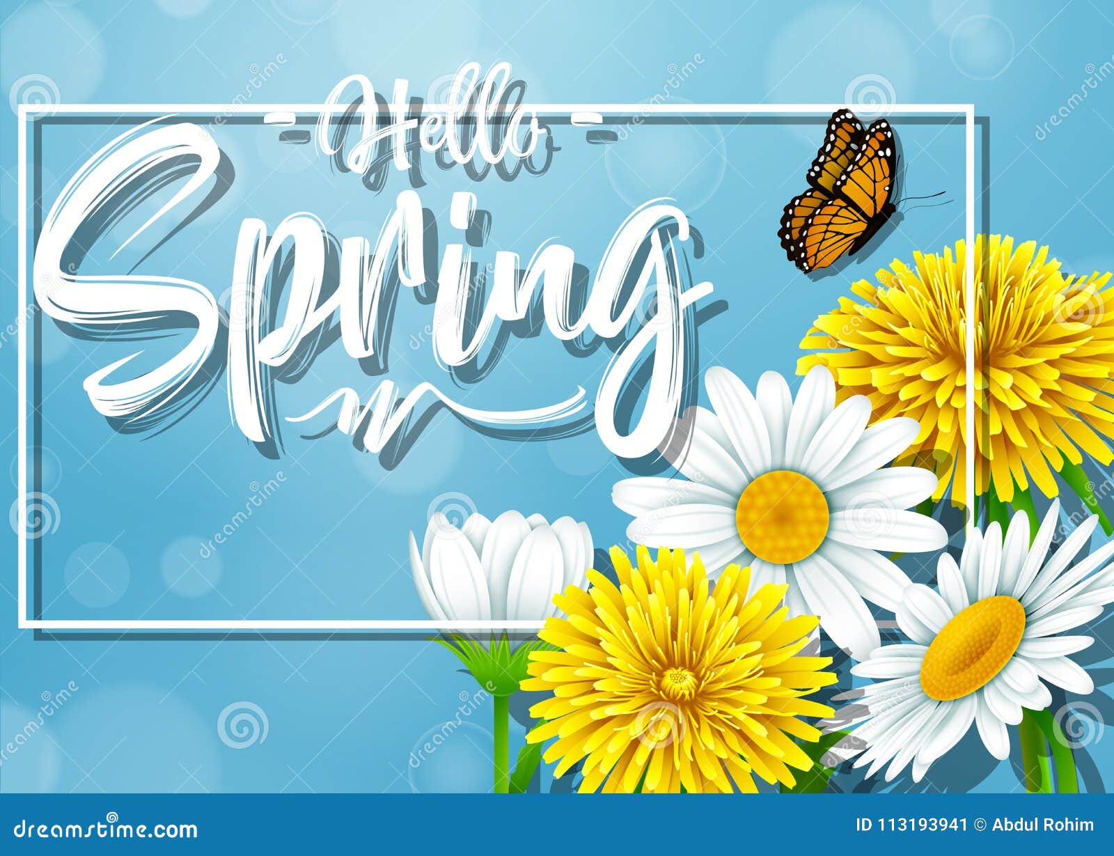 Hello Spring Background with Flower and Butterfly on Blue Sky ...