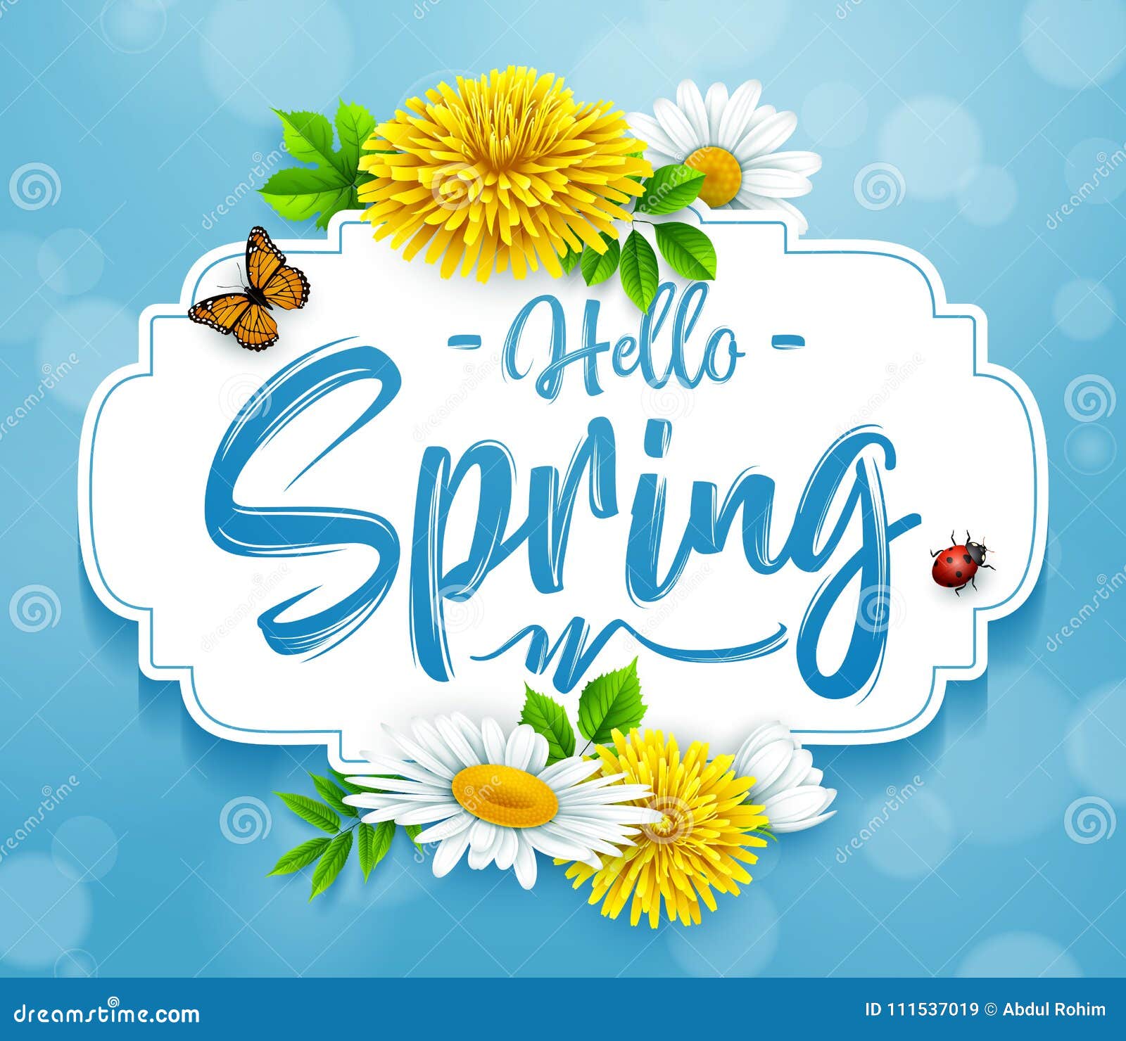 Hello Spring Background with Flower, Ladybug, and Butterfly on Blue Sky ...