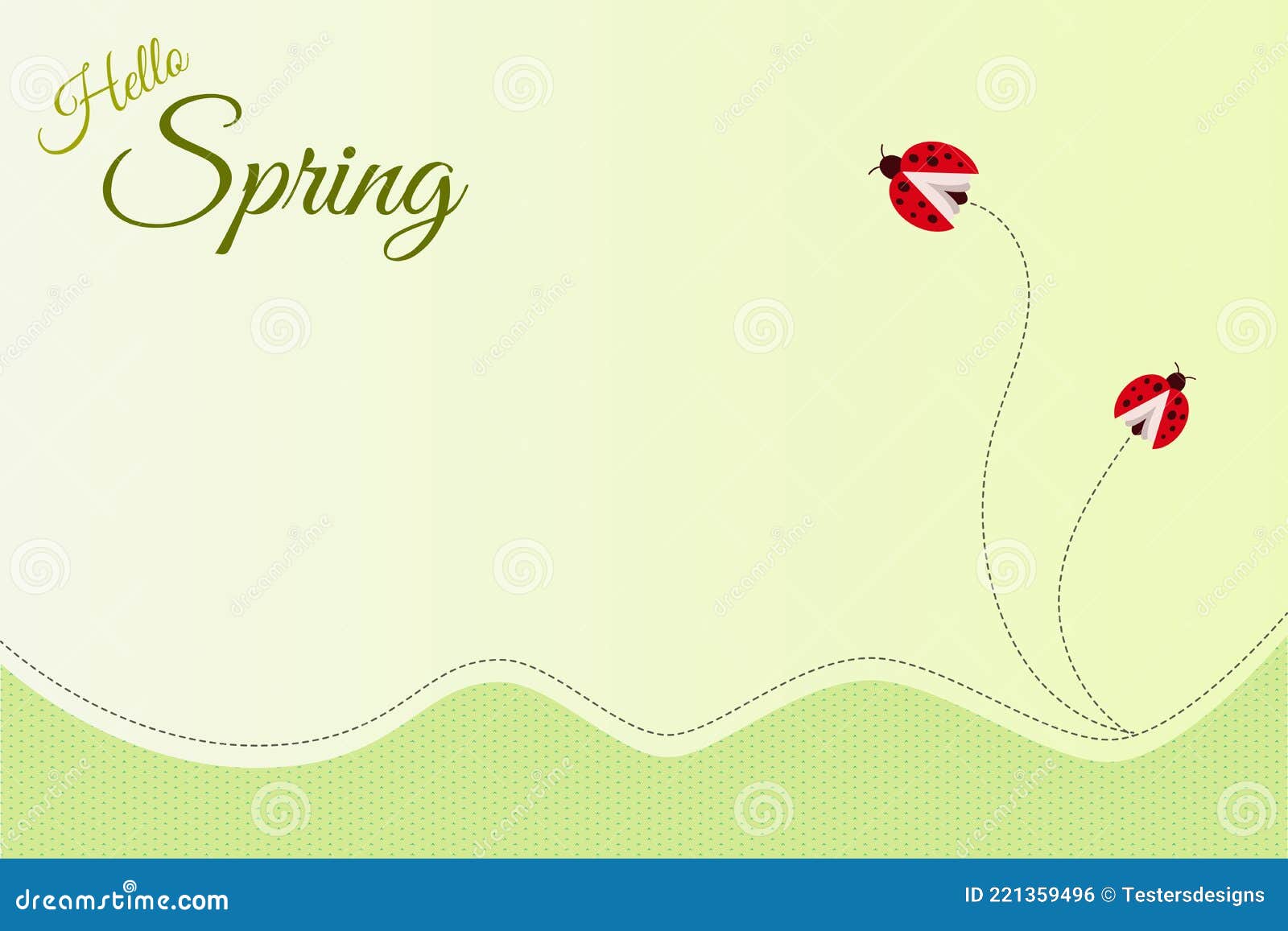 Hello Spring Banner with Ladybug ,simple Green Vector Illustration ...
