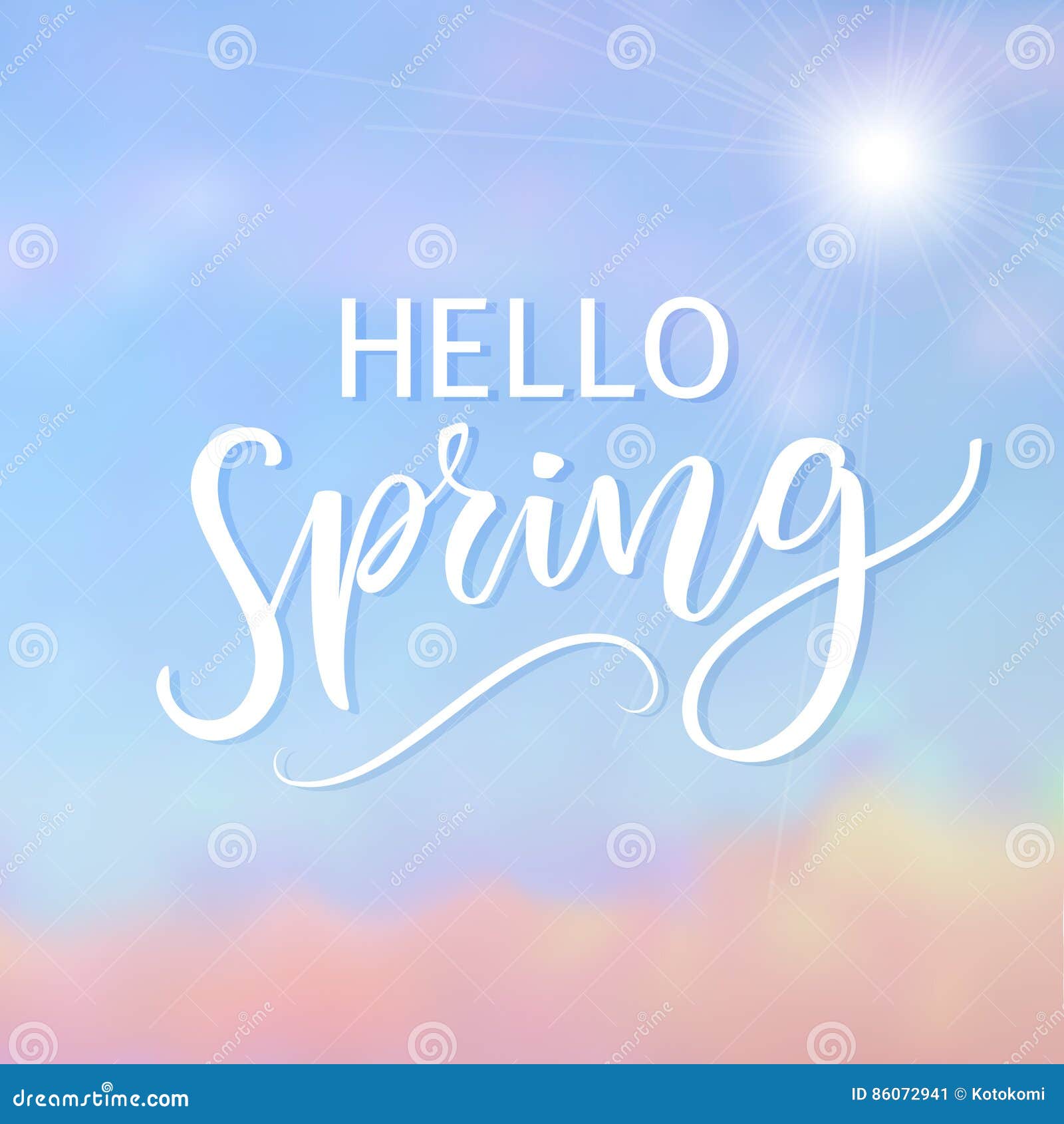 Hello Spring Banner with Modern Calligraphy. Vector Typography at Blue ...