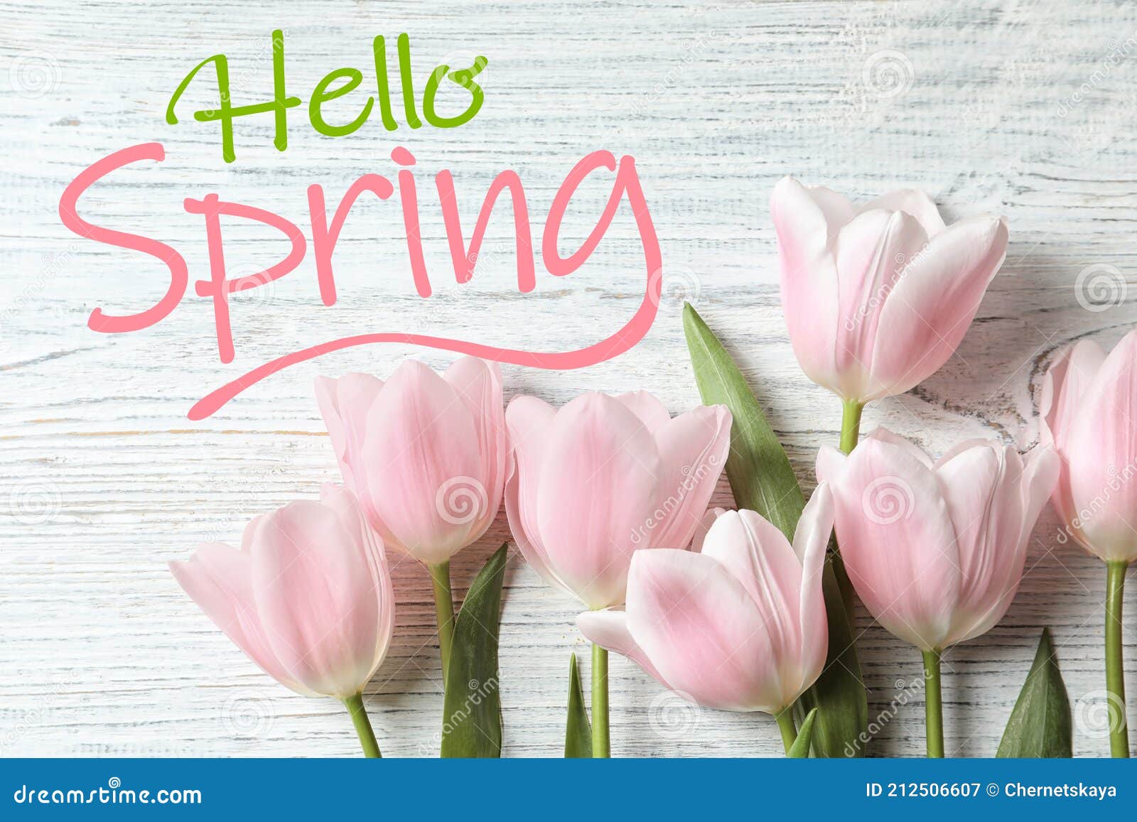 Hello Spring. Beautiful Tulips on Wooden Background, Flat Lay Stock ...