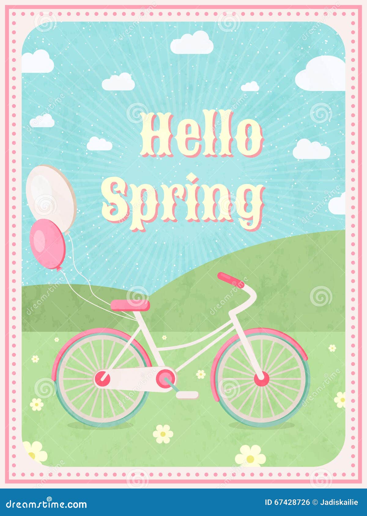 Hello Spring. Bicycle with Balloons Stock Vector - Illustration of ...