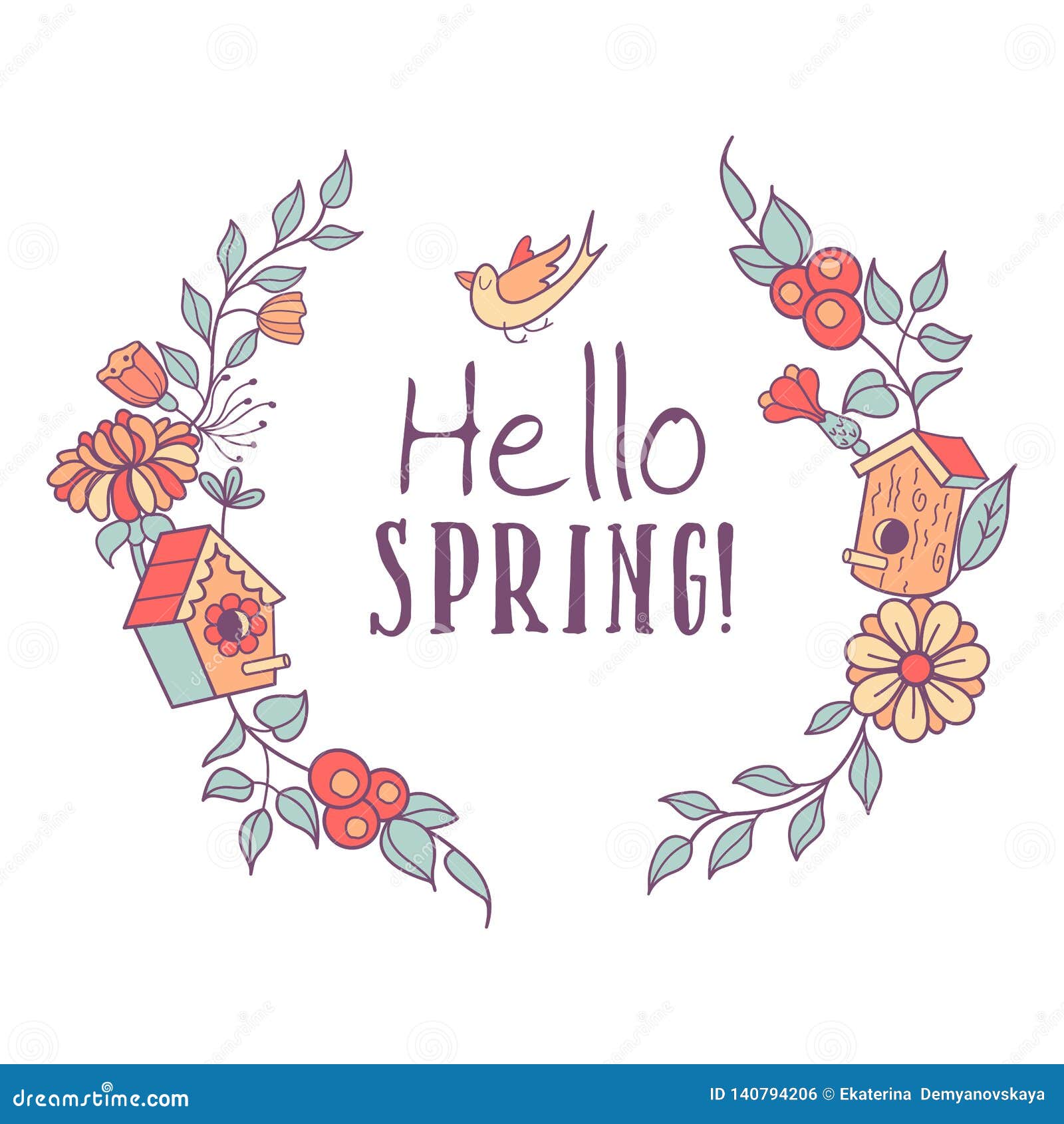 Hello, Spring! Bird Nests and Spring Flowers. Vector Illustration Stock ...