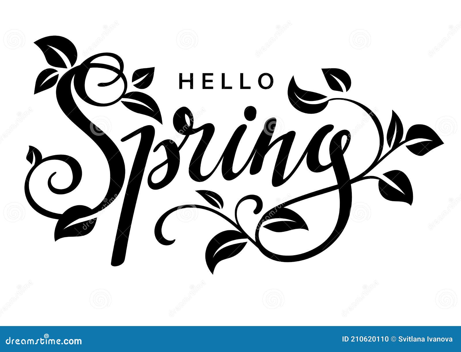 Hello Spring Black Lettering with Leaves. Vector Illustration Stock ...