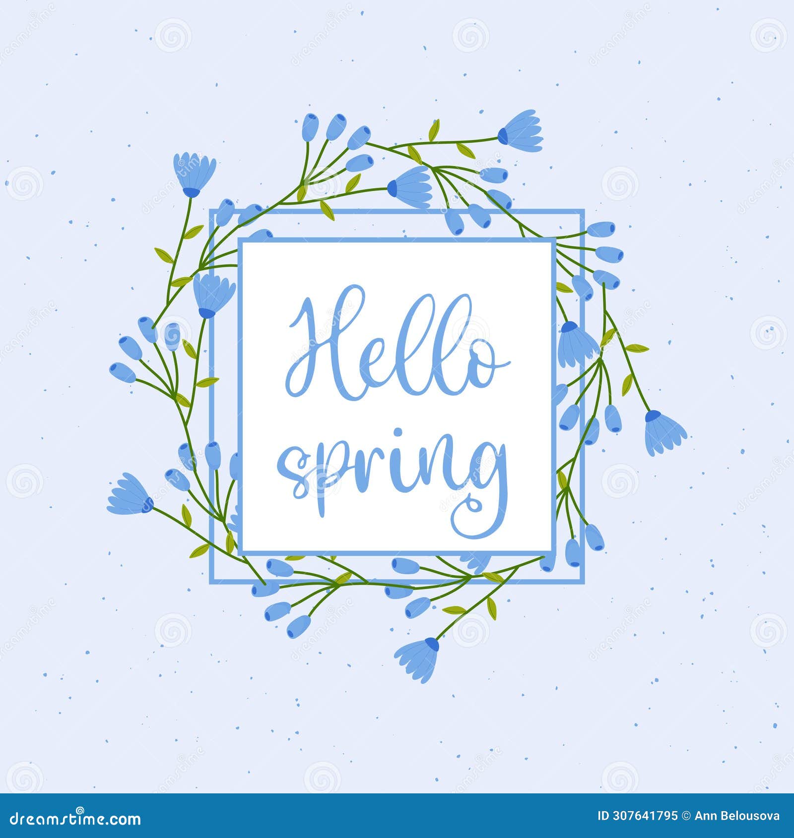 Hello Spring,blue Background, Frame with Blue Flowers, and Dots on the ...