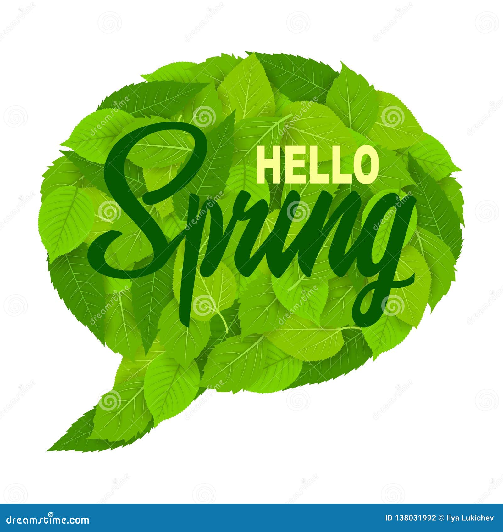 Hello Spring. a Bubble of Spring Green, Fresh Leaves with a Greeting ...