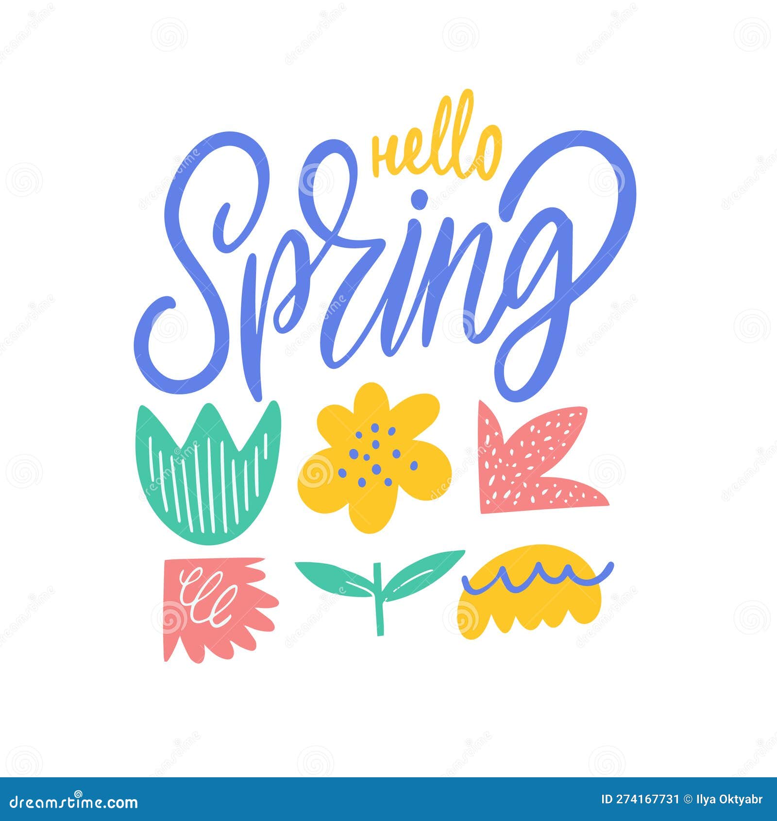 Hello Spring Calligraphy Phrase and Abstract Flowers Set Shapes Vector ...