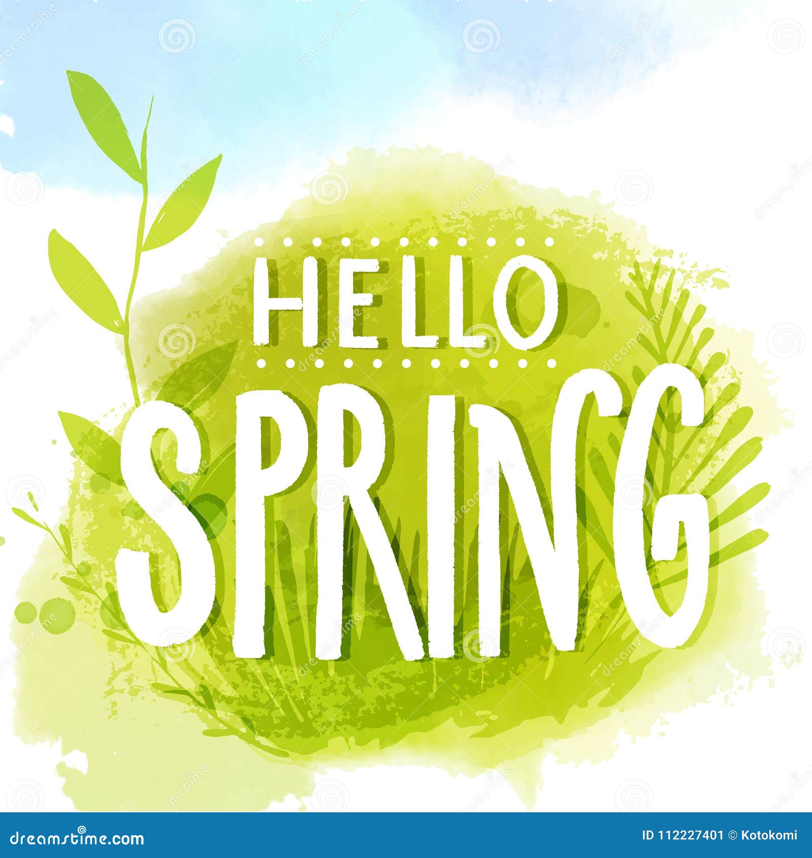 Hello Spring Caption on Natural Green Background with Hand Drawn Leaves ...