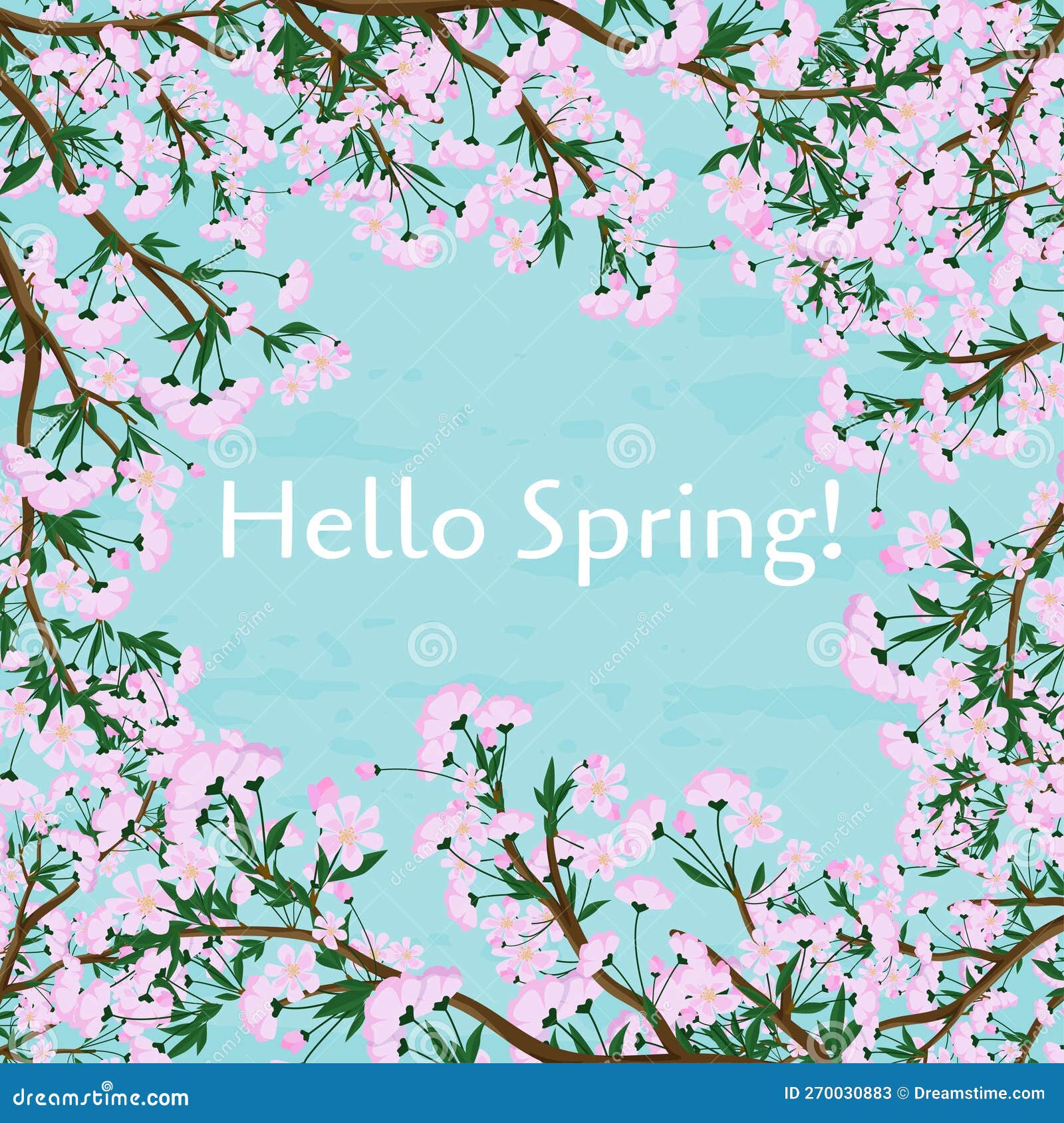 Hello Spring Card with Cherry Blossoms Tree. Flat Realistic Vector ...