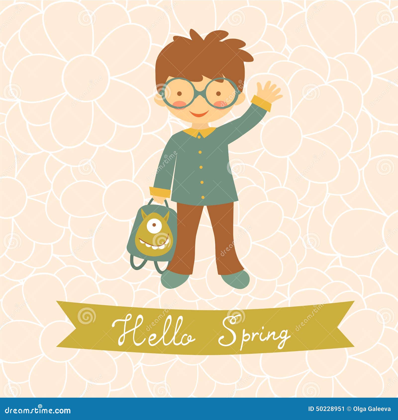 Hello Spring Card with Cute Little Boy Stock Vector - Illustration of ...