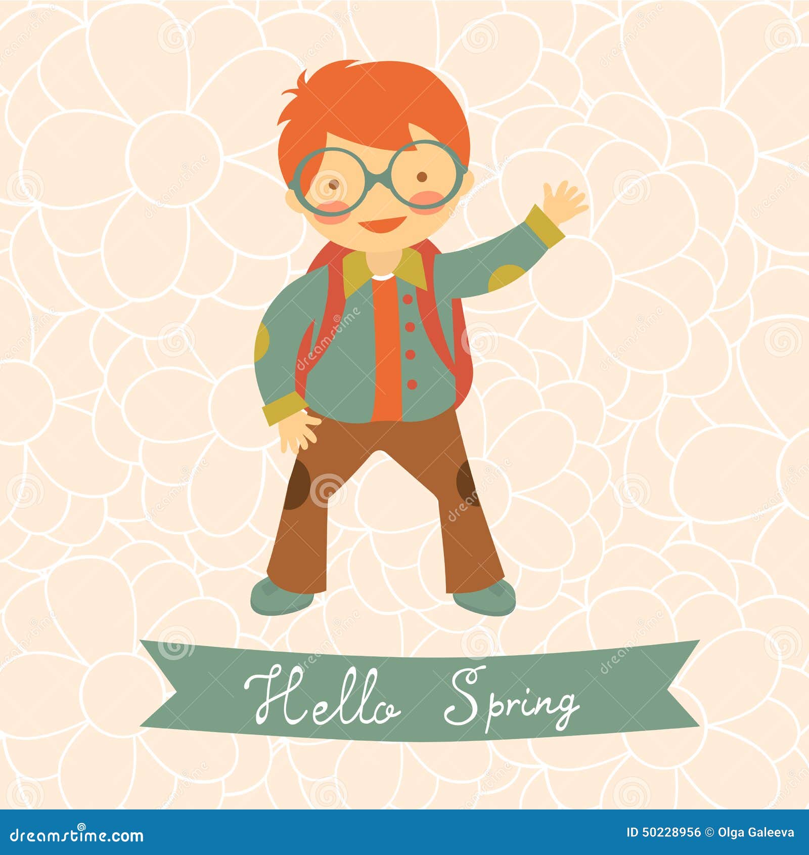 Hello Spring Card with Cute Little Boy Stock Vector - Illustration of ...
