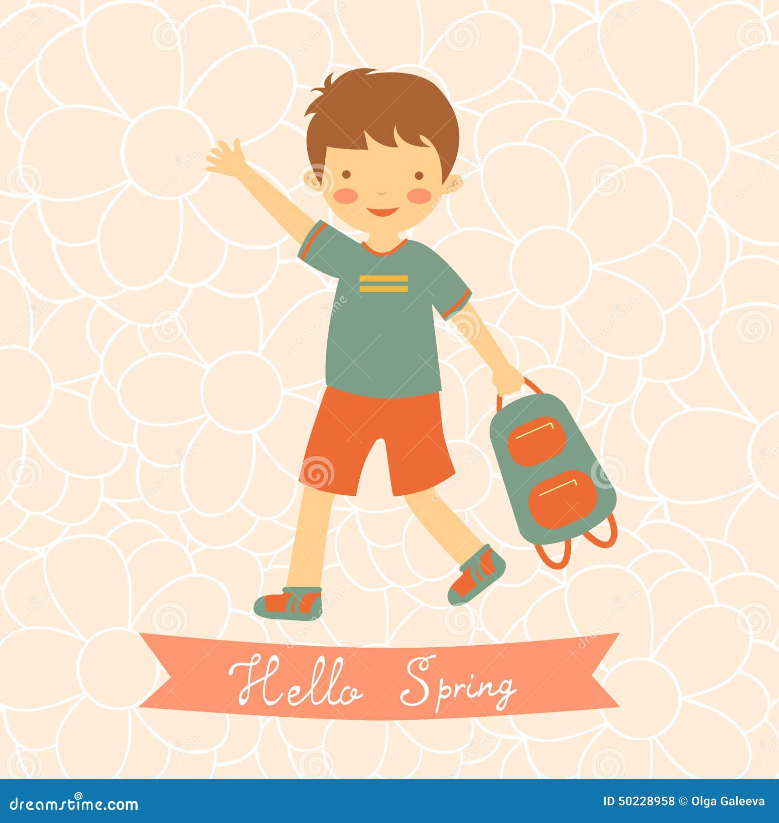 Hello Spring Card with Cute Little Boy Stock Vector - Illustration of ...
