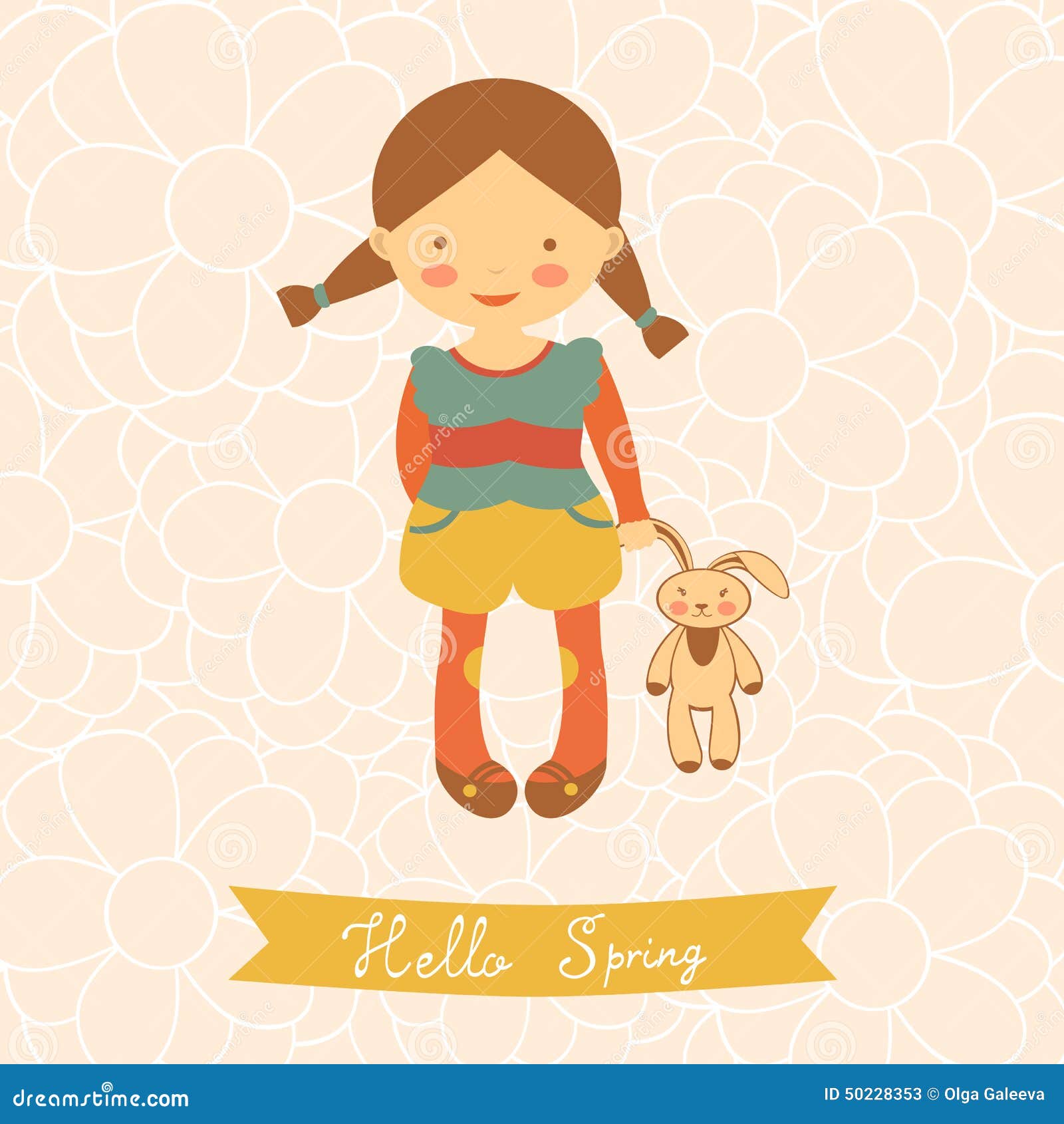 Hello Spring Card with Cute Little Girl Stock Vector - Illustration of ...