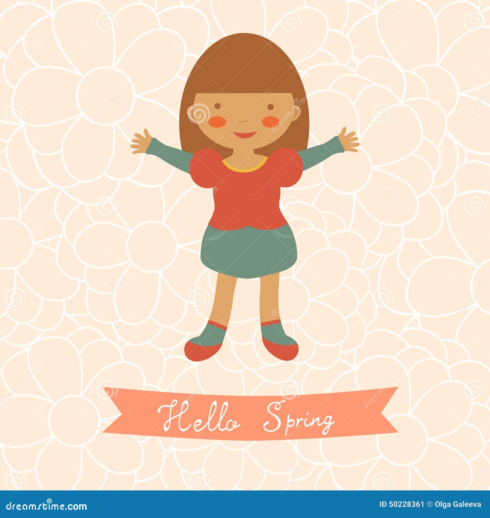 Hello Spring Card with Cute Little Girl Stock Vector - Illustration of ...