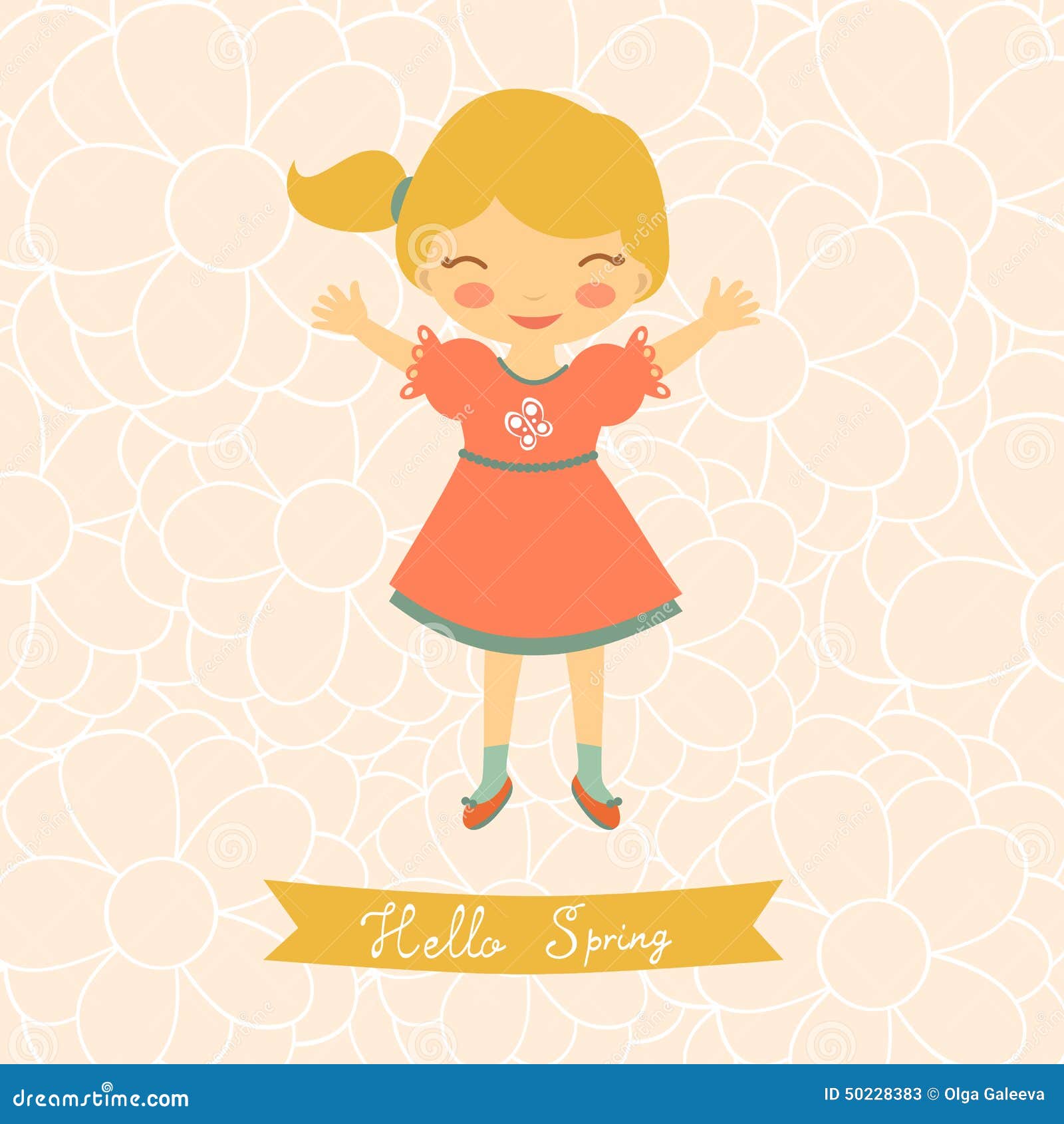 Hello Spring Card with Cute Little Girl Stock Vector - Illustration of ...