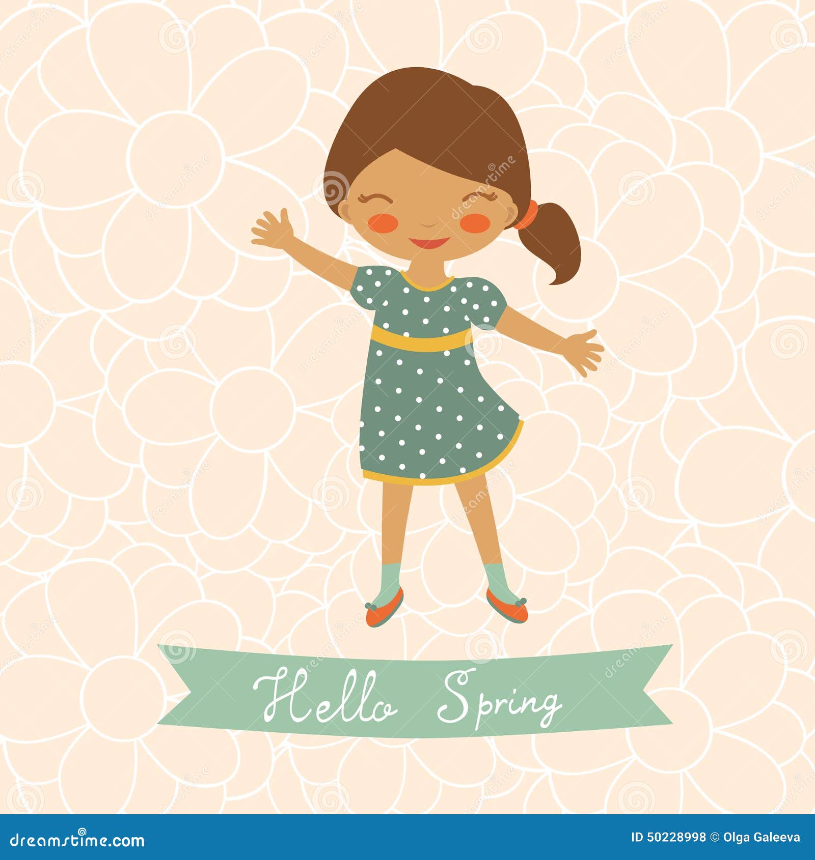 Hello Spring Card with Cute Little Girl Stock Vector - Illustration of ...