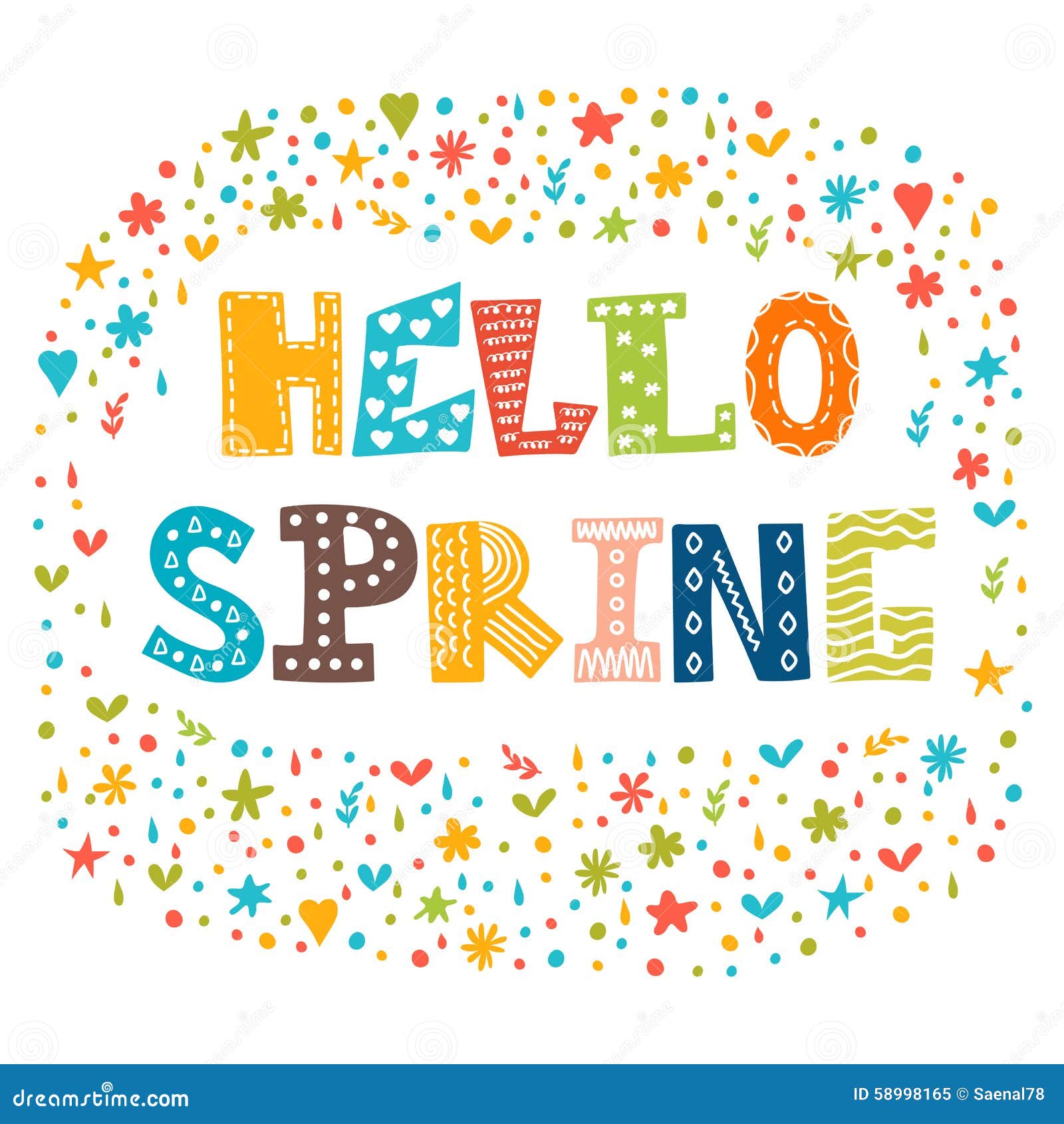 Hello Spring Card with Decorative Design Elements. Cute Greeting Stock ...