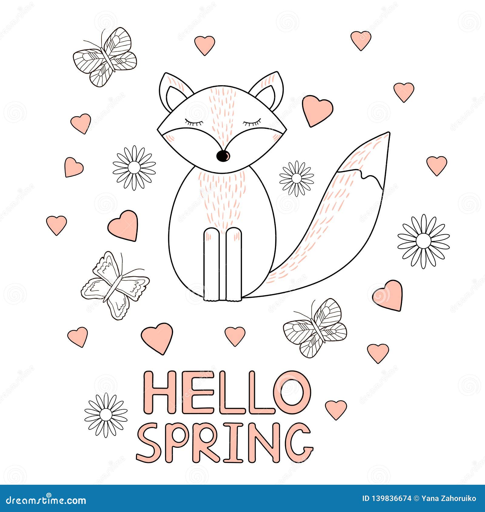 Hello Spring Card, Fox, Hearts, Butterflies and Flowers Stock Vector ...