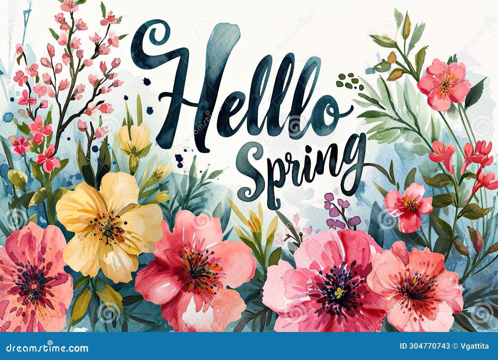 Hello Spring Card Wit Flowers Watercolor Illustration Stock Image ...