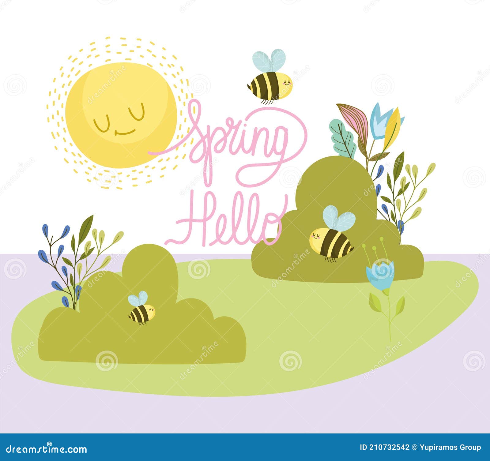 Hello Spring, Cartoon Bees Flowers Bushes Vegetation Stock Vector ...