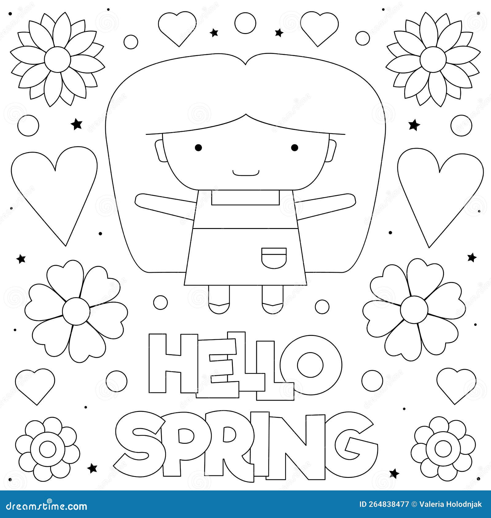 Hello Spring. Coloring Page. Black and White Vector Illustration. Stock ...