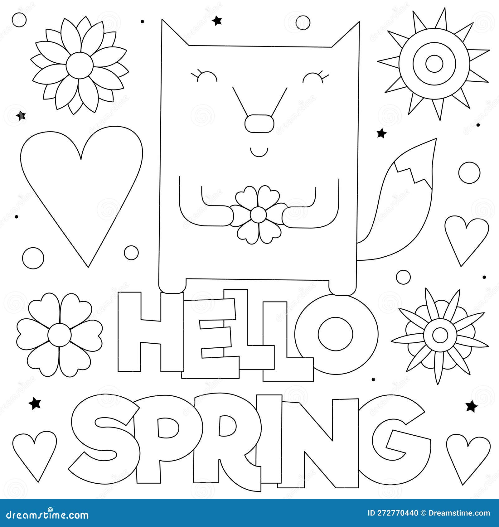 Hello Spring. Coloring Page. Vector Illustration of a Fox. Stock Vector ...