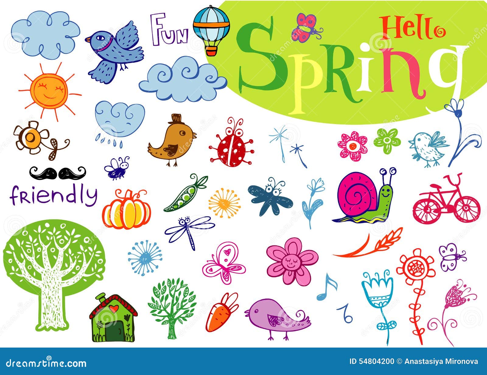 Hello Spring Doodle Hand-drawn Set Stock Vector - Illustration of ...