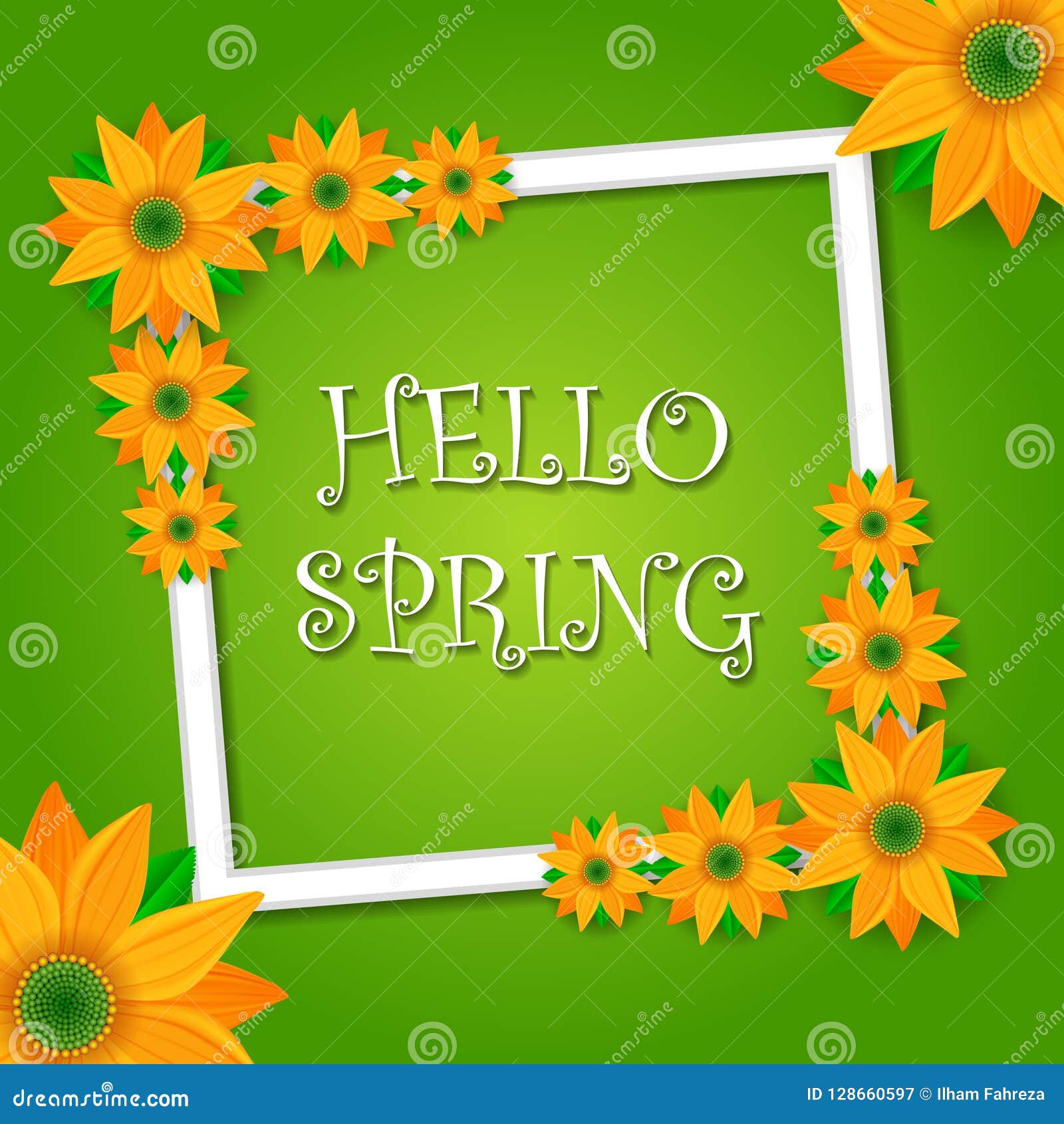 Hello Spring Green Card Design with Flowers and Text in Square Frame ...