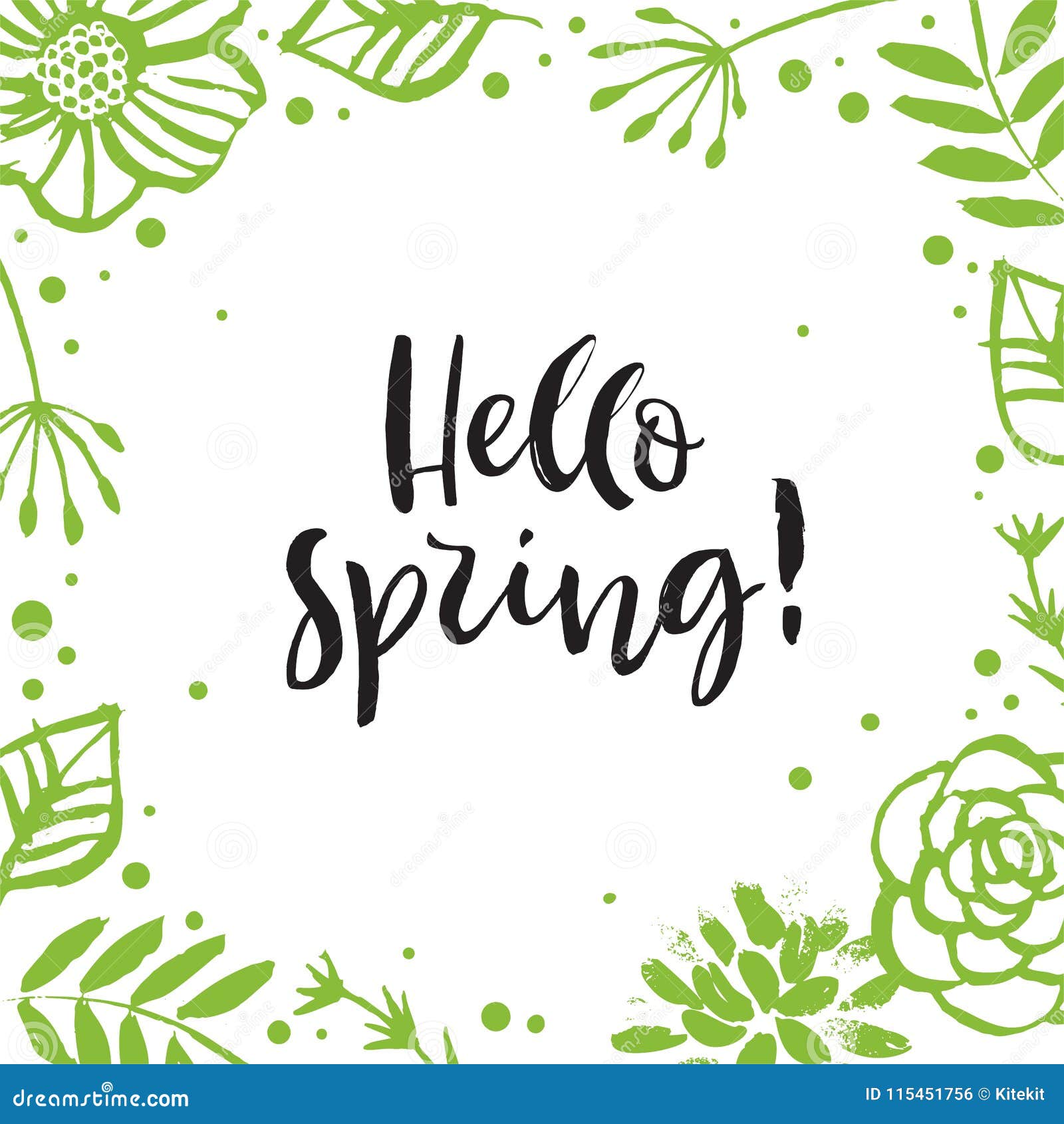Hello Spring. Green Flower Frame. Calligraphy Card Stock Illustration ...