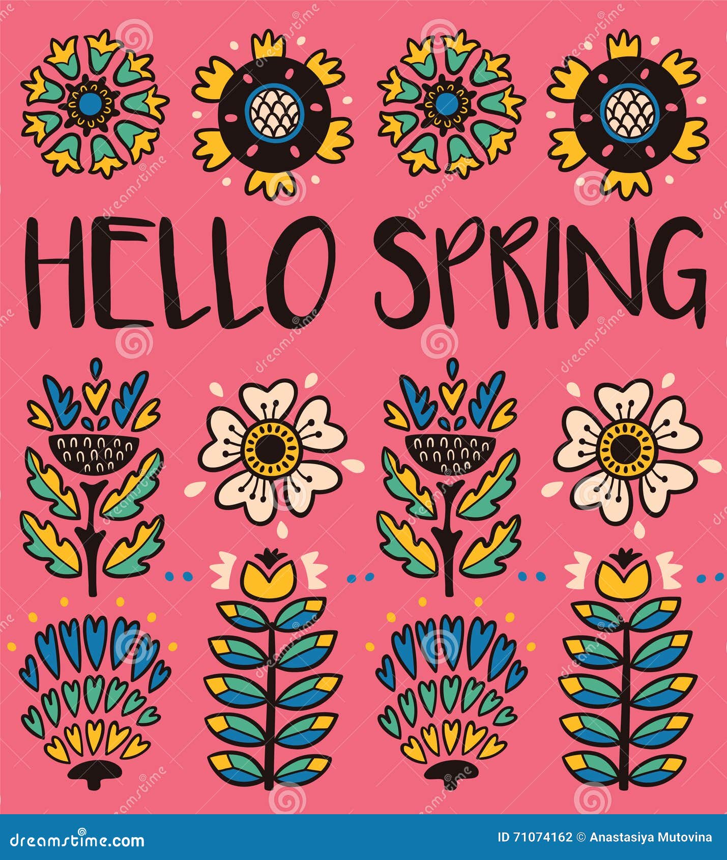 Hello Spring Greeting Card with Decorative Flowers on Pink Background ...