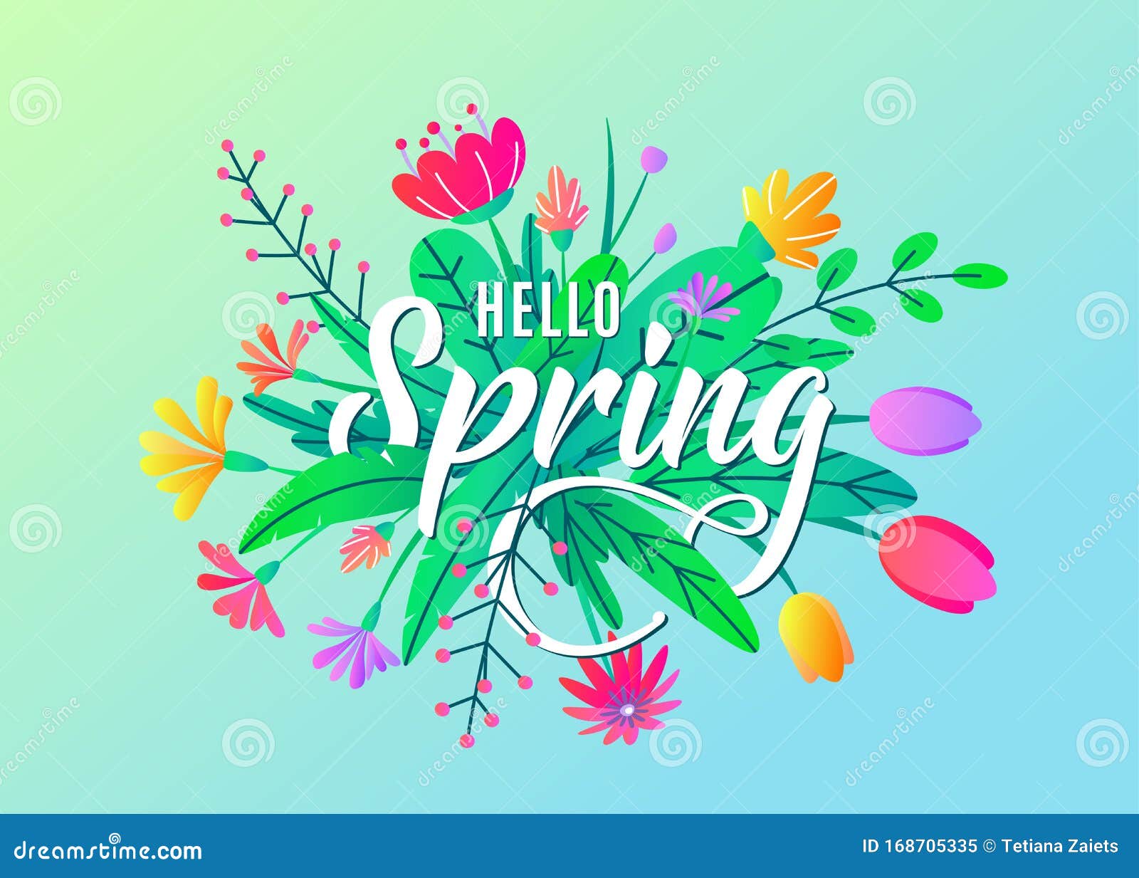 Hello Spring Greeting Word Text Vector Background with Flat Simple ...