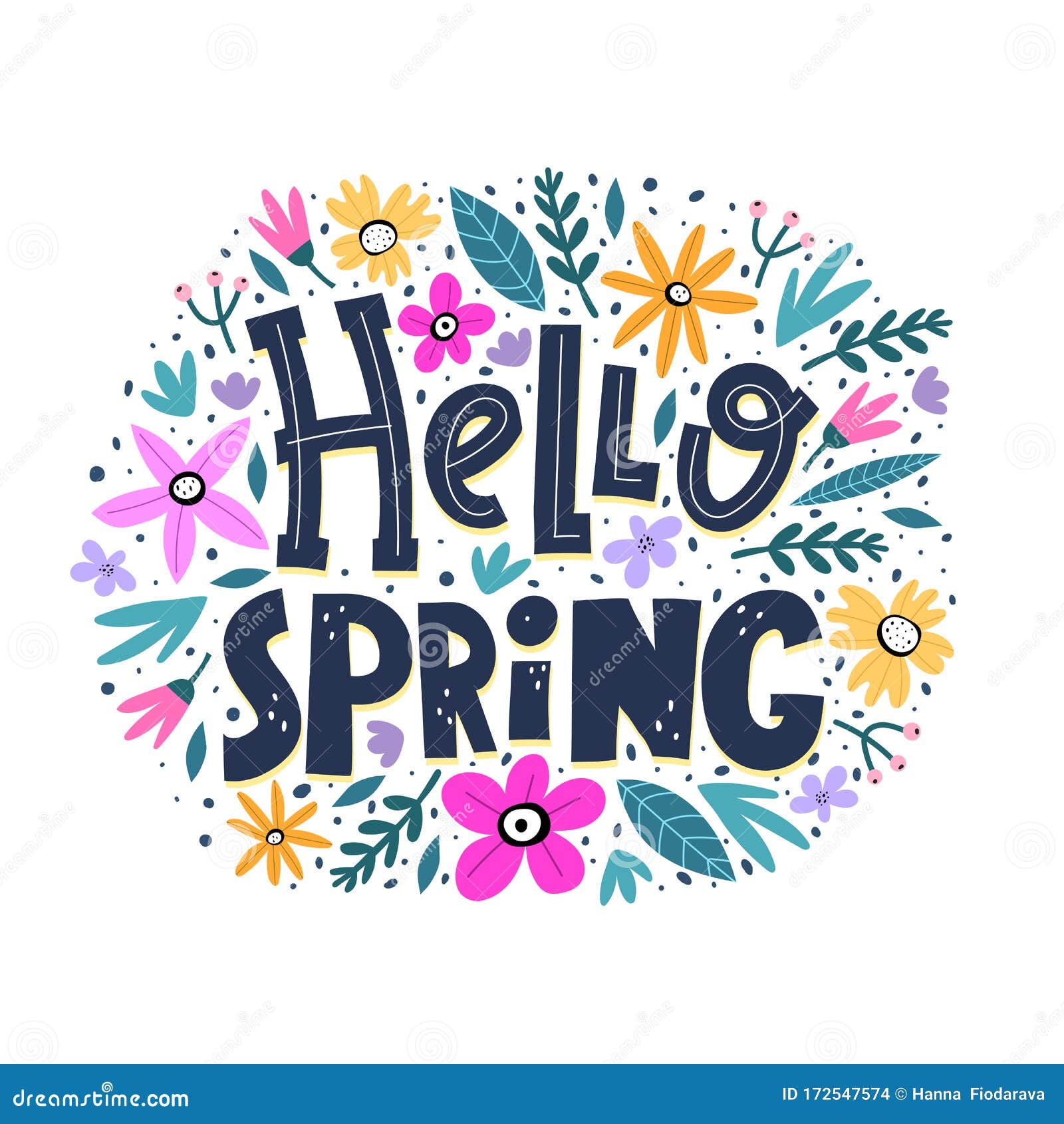 Hello Spring. Hand Drawing Lettering, Flowers, Decoration Elements ...