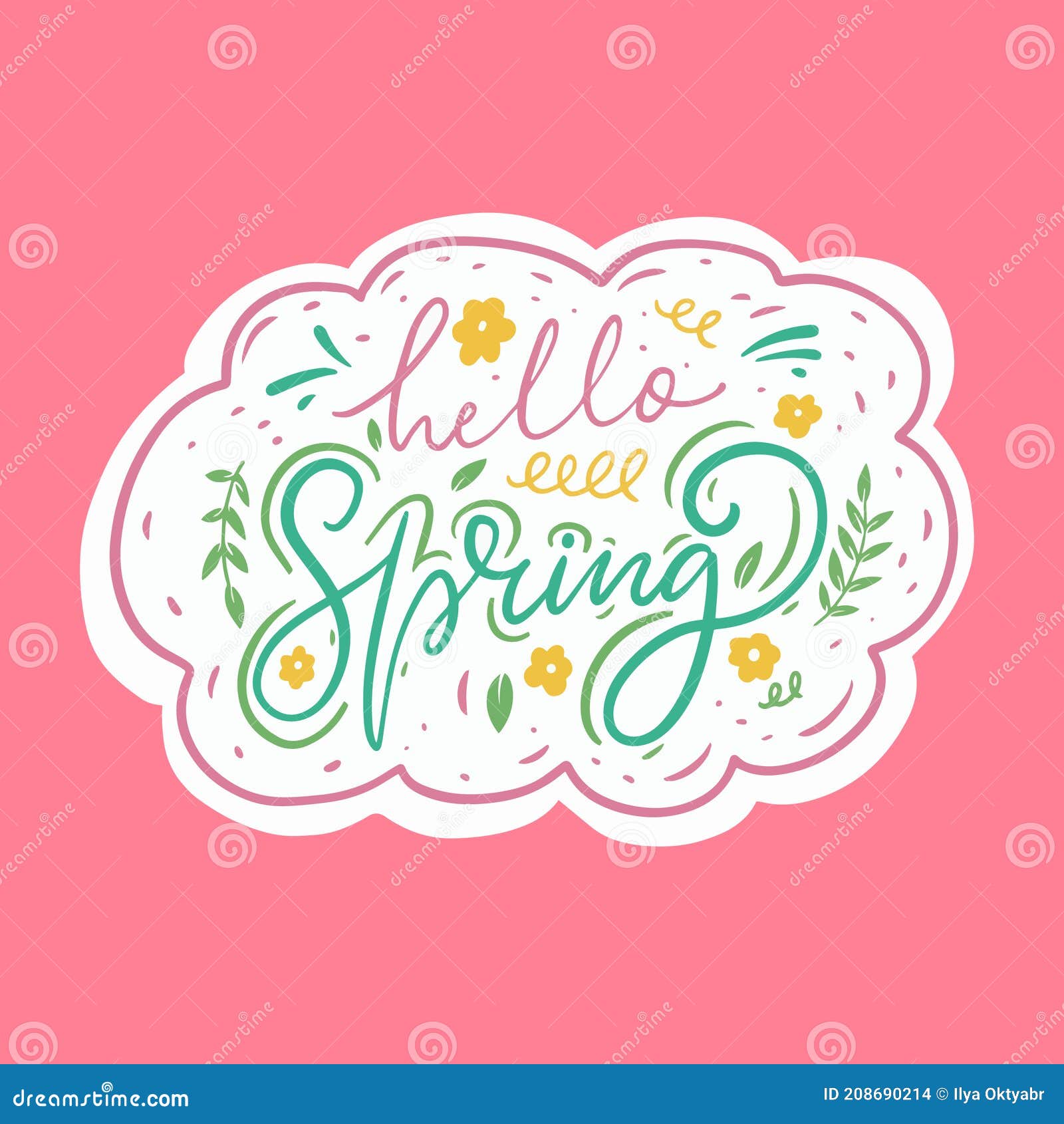Hello Spring Hand Drawn Calligraphy. Doodle Cartoon Style Stock Vector ...