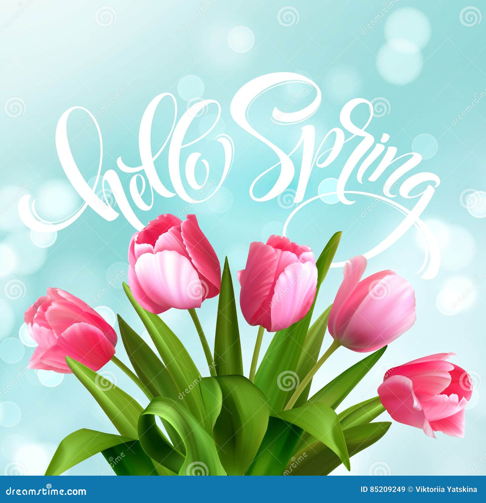 Hello Spring Hand Lettering with Tulip Flower. Vector Illustration ...