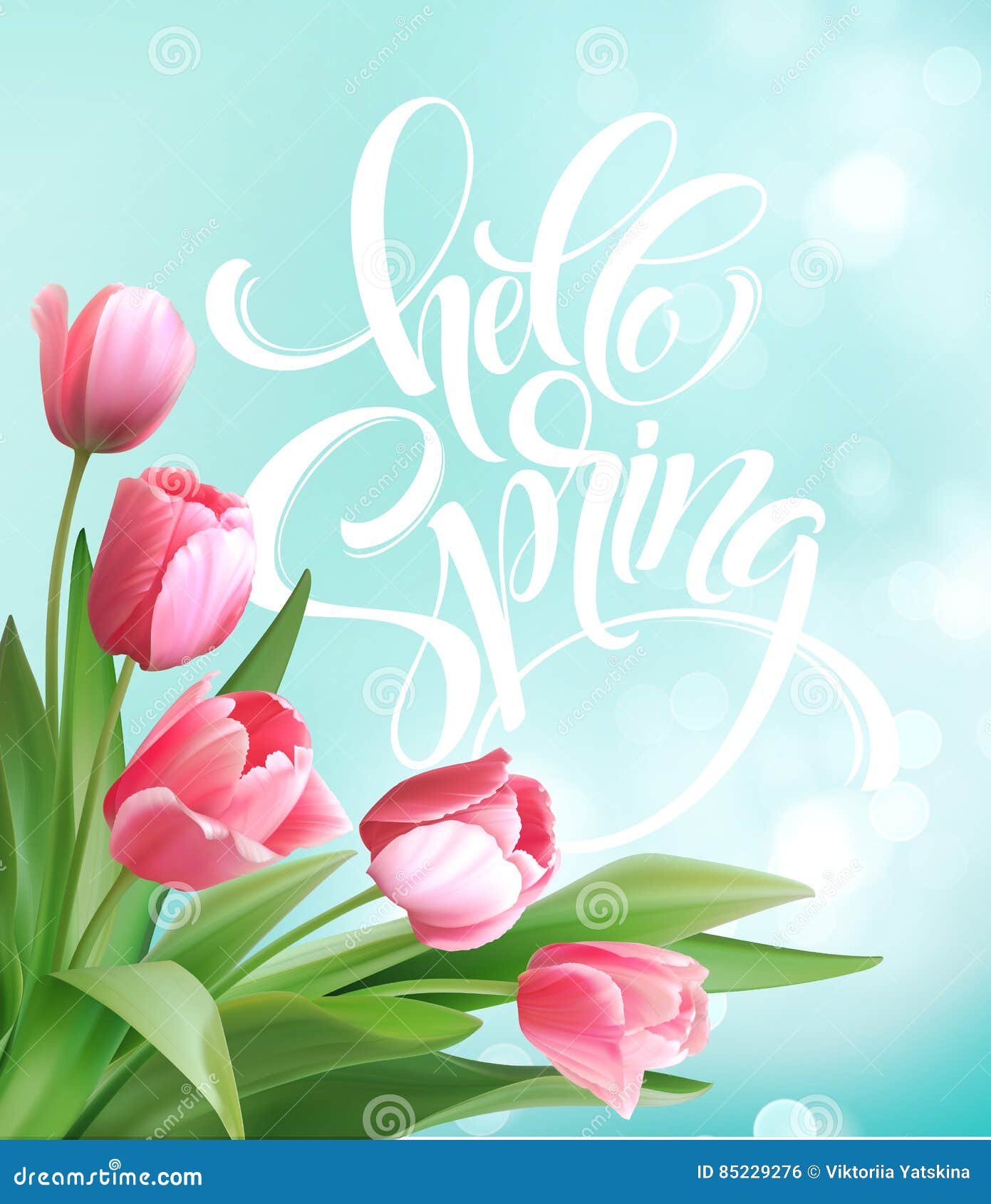Hello Spring Hand Lettering with Tulip Flower. Vector Illustration ...