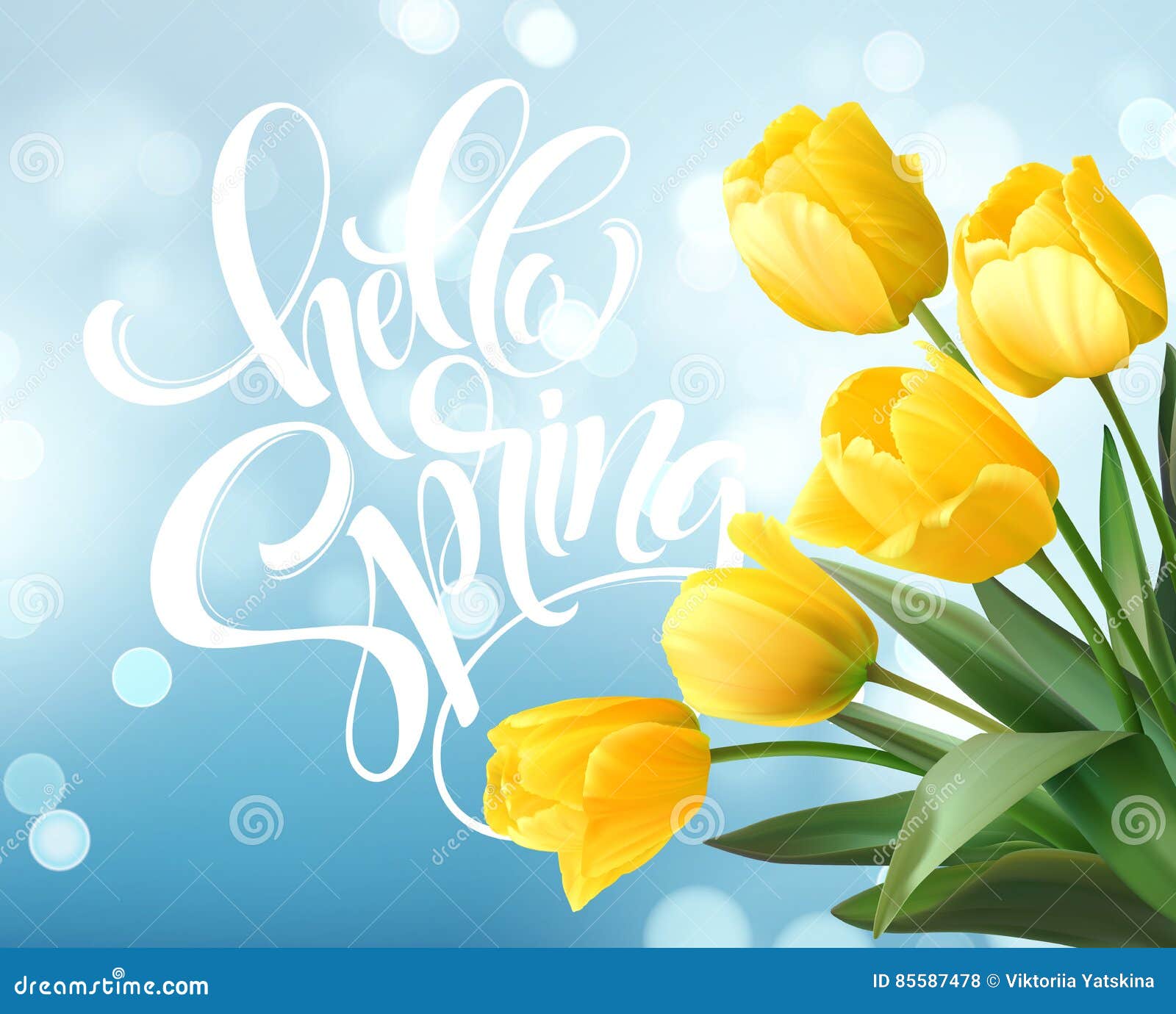 Hello Spring Hand Lettering with Tulip Flower. Vector Illustration ...