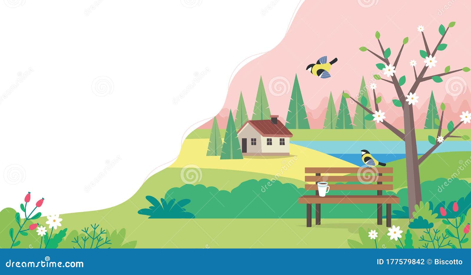 Hello Spring Landscape with Bench, Houses, Fields and Nature. Cute ...